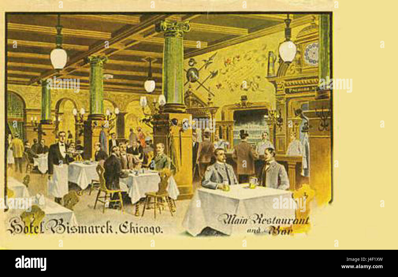 A historical photograph of the Bismarck Hotel in Chicago, spanning from ...