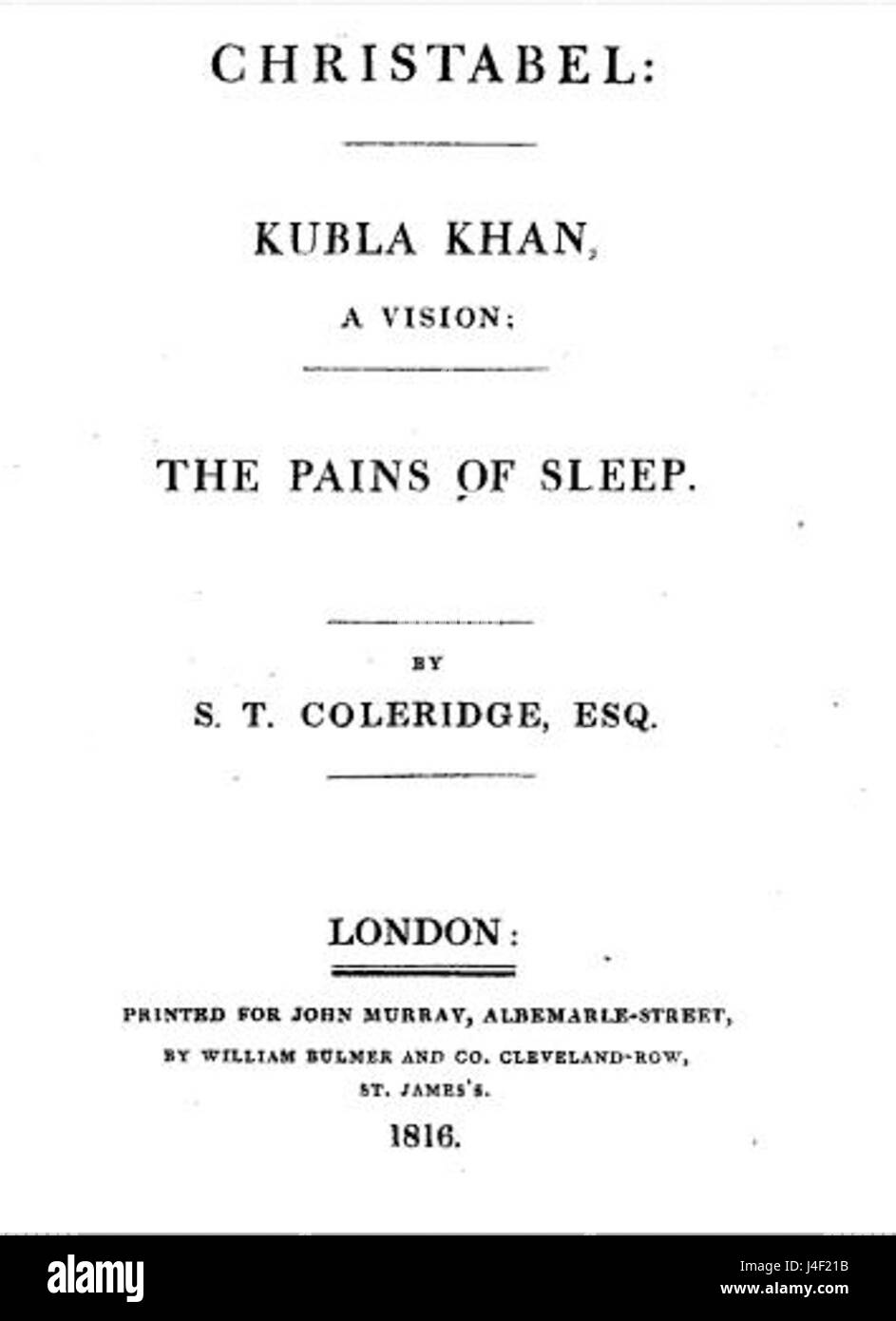 The title page of 'Kubla Khan and Pains of Sleep', an iconic work ...