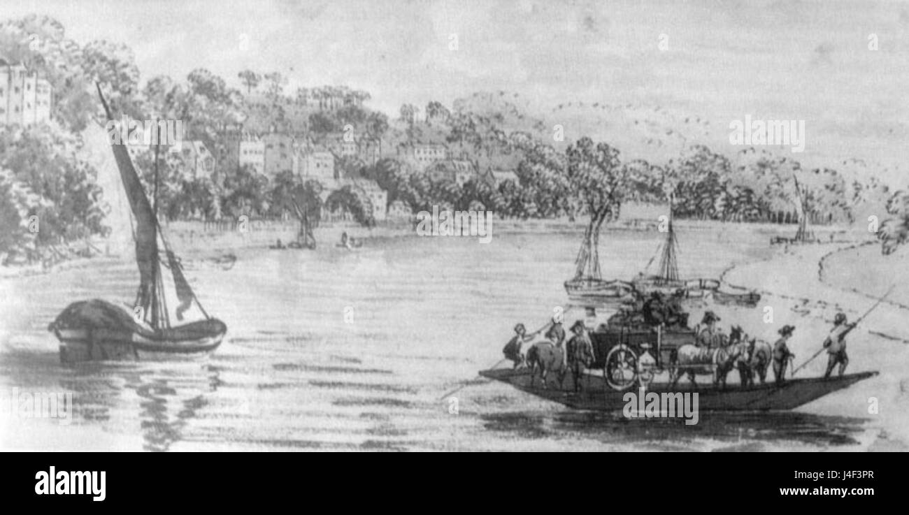 Engraving depicting the Richmond ferry from 1770, illustrating the ...