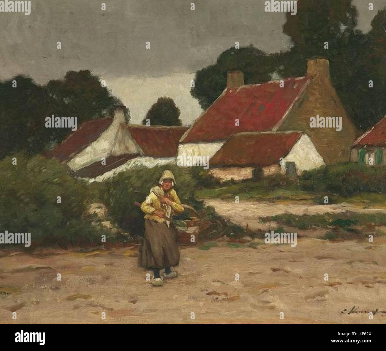Eugen Kampf's painting 'Vrouw voor een Vlaams gehucht' (Woman in Front ...