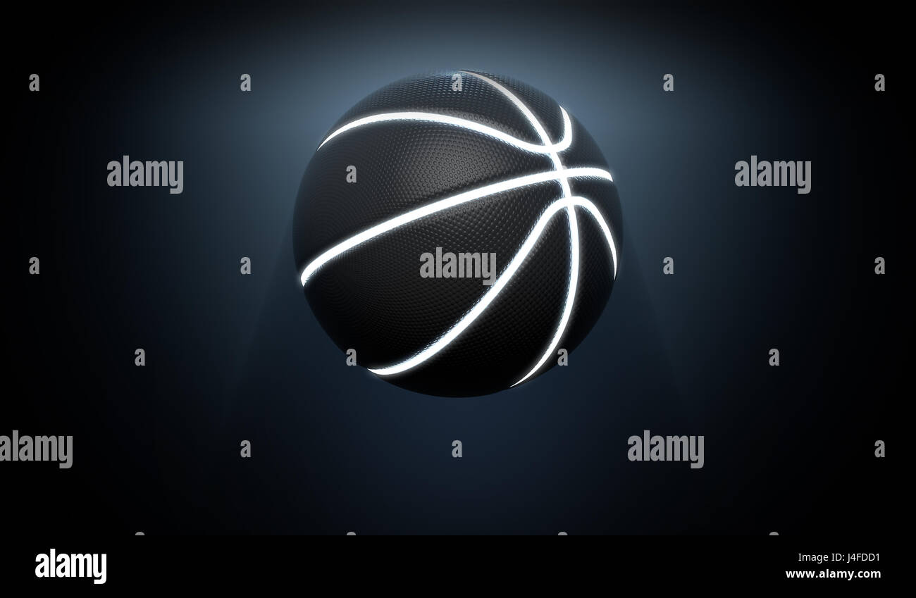 A futuristic sports concept of a black textured basketball ball lit ...