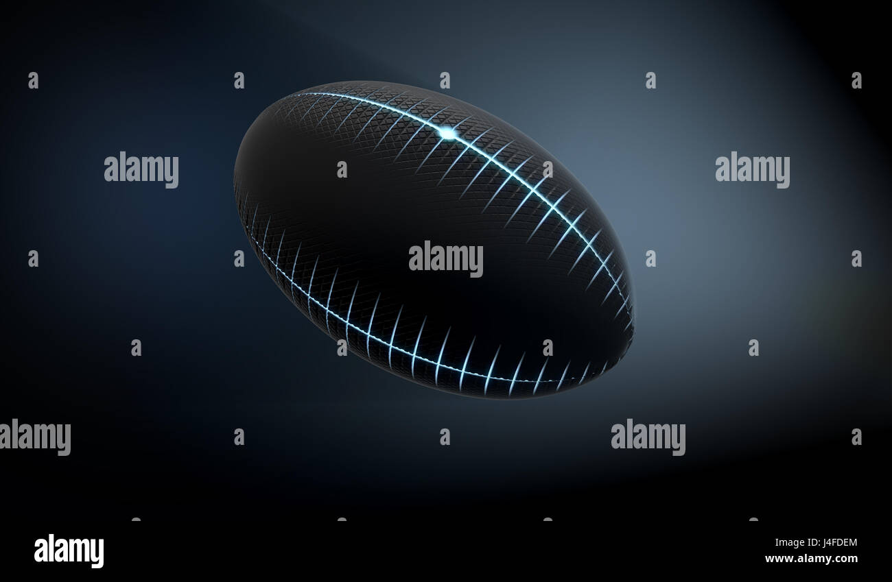 A futuristic sports concept of a black textured rugby ball lit with ...