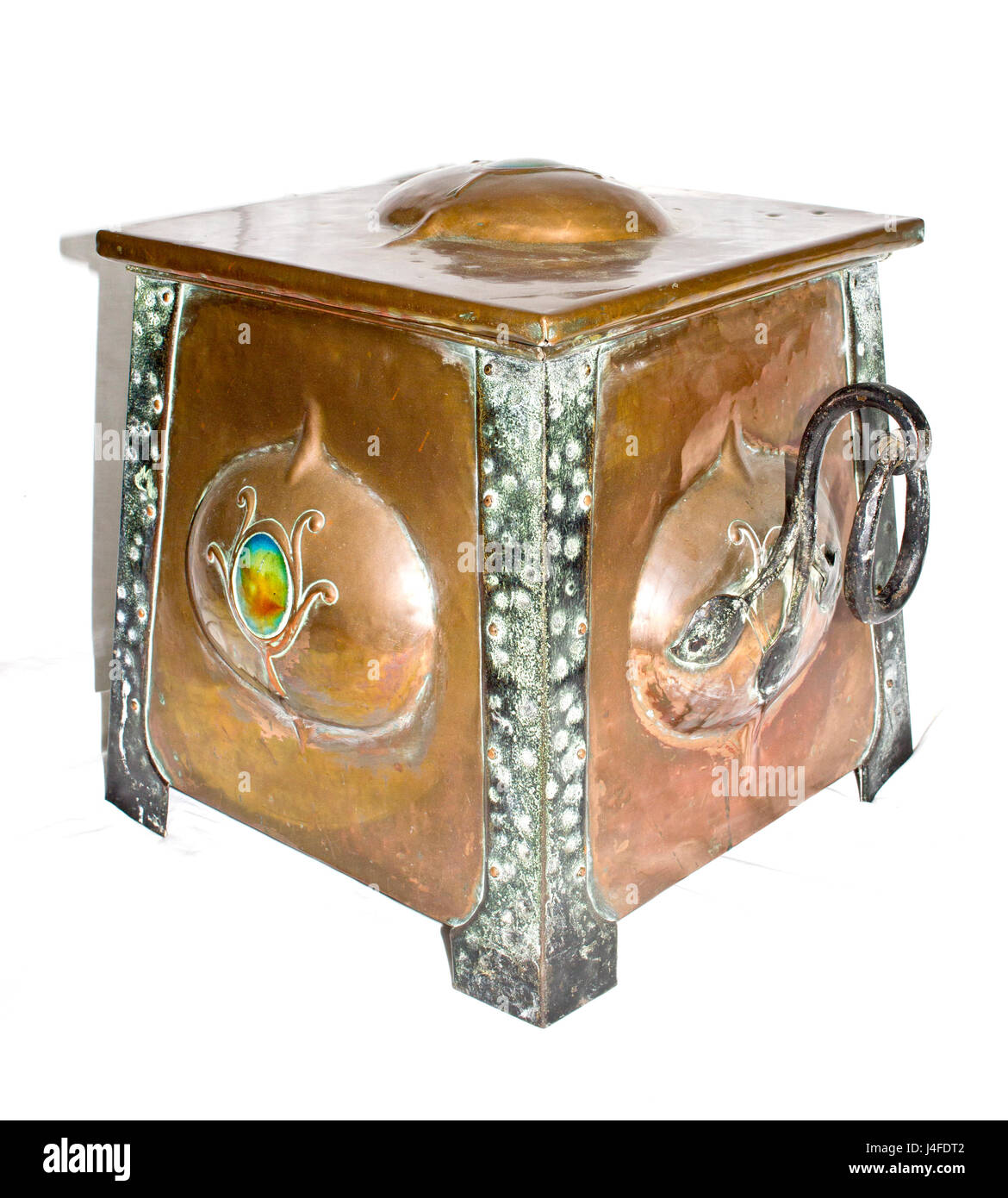 An Arts and Crafts copper coal box with iron handles and bindings Stock ...