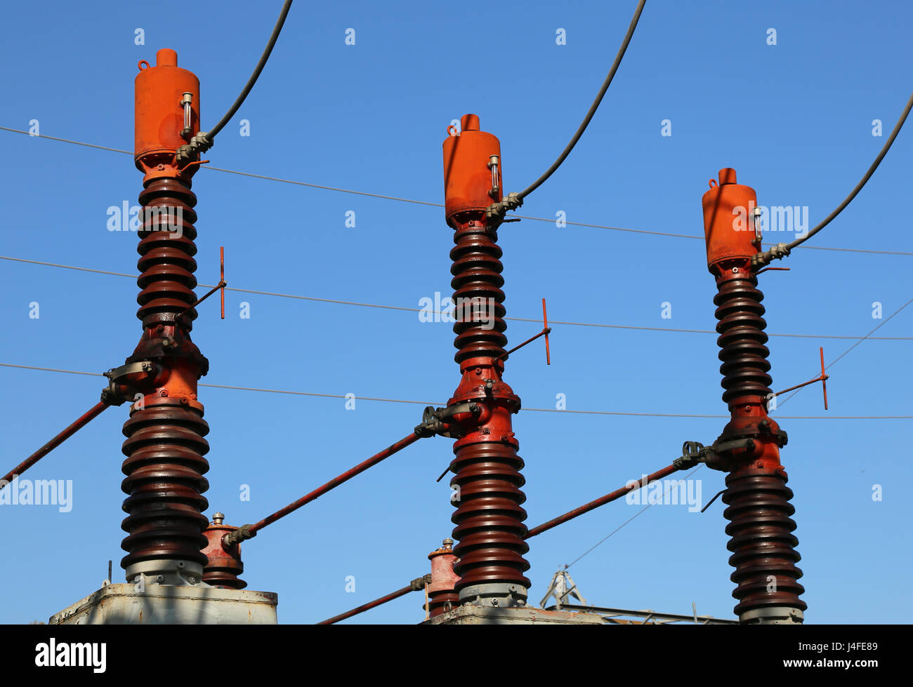 three big breakers switches in the power plant for energy production ...