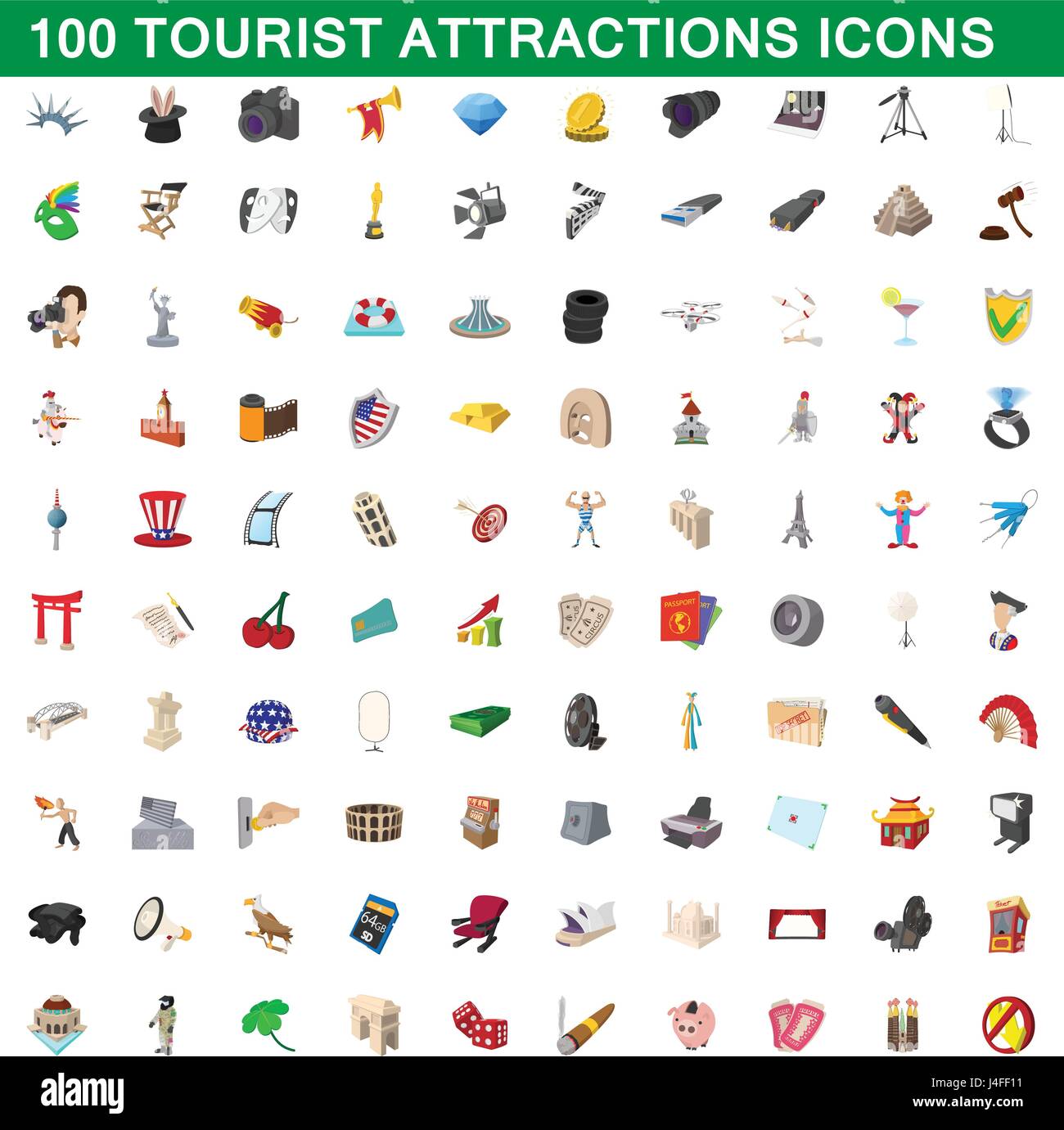 100 tourist attractions icons set, cartoon style Stock Vector Image ...