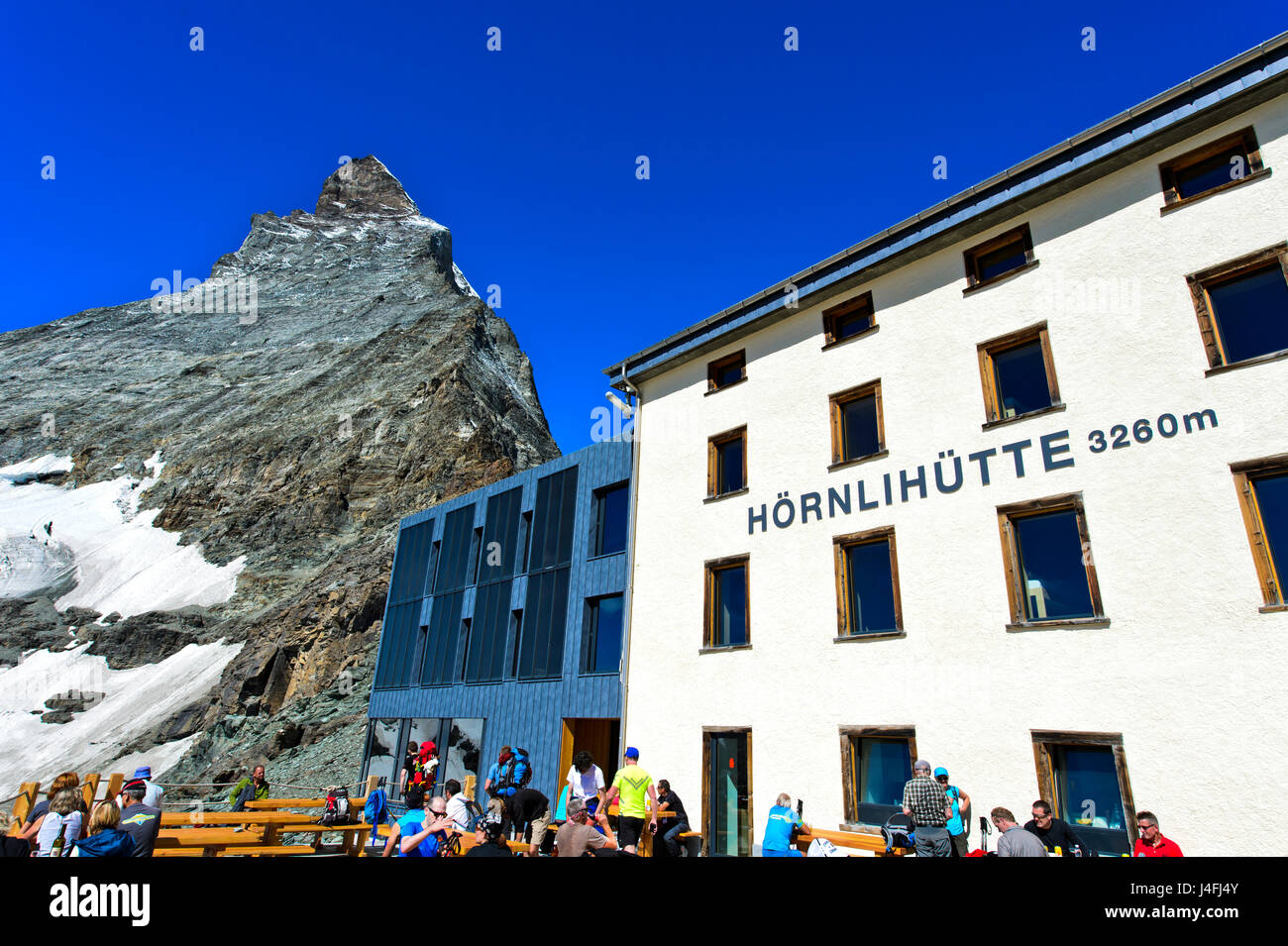 Renovated mountain hut Hoernlihuette at the Matterhorn peak, Zermatt ...