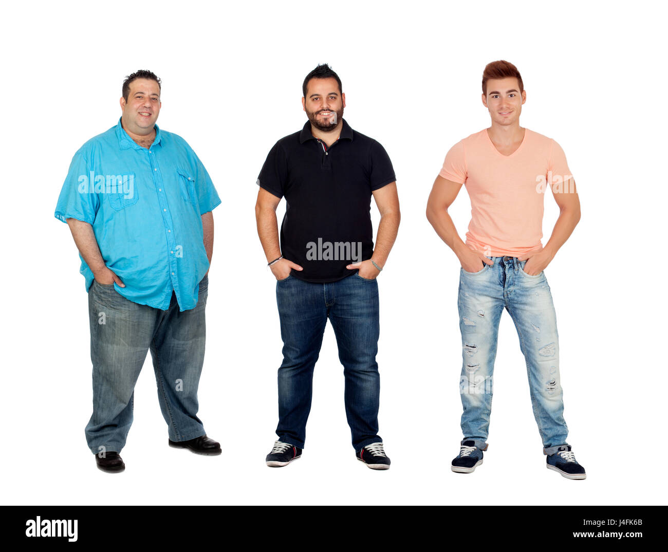 Three men with different complexion isolated on a white background ...