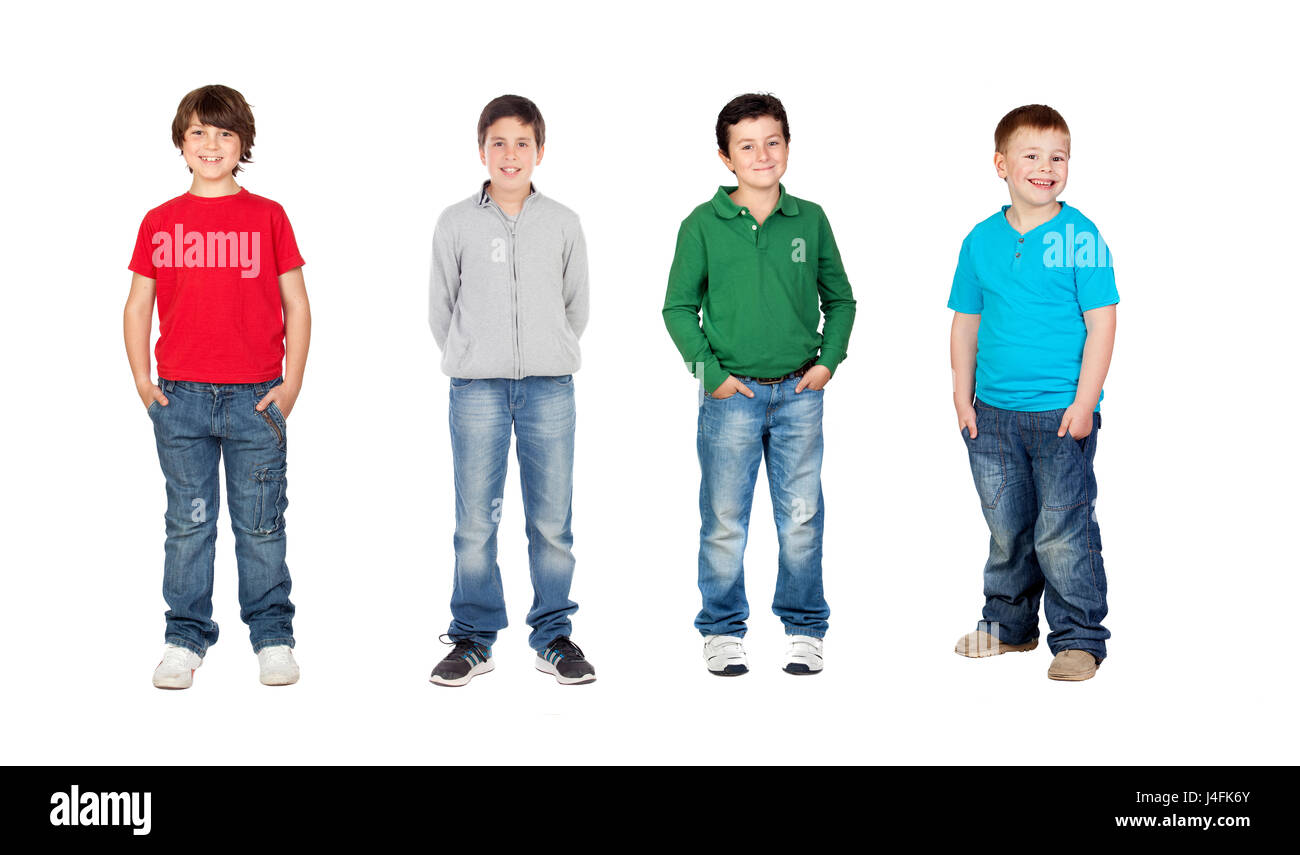 Team of male children isolated on a white background Stock Photo - Alamy