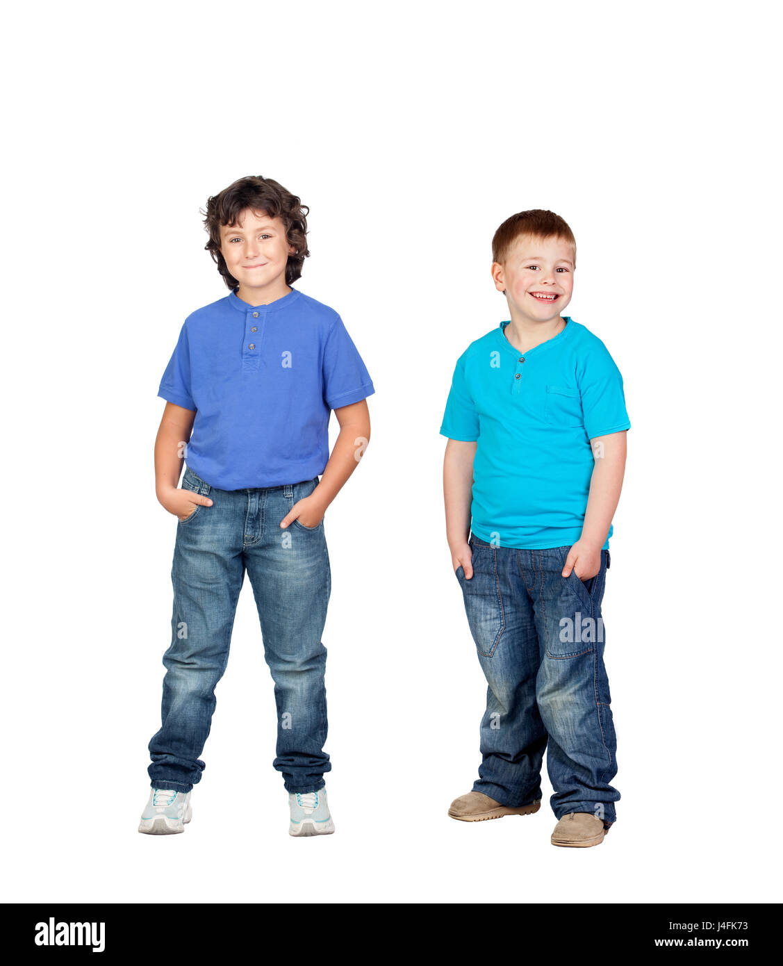 Two children in blue isolated on a white background Stock Photo - Alamy