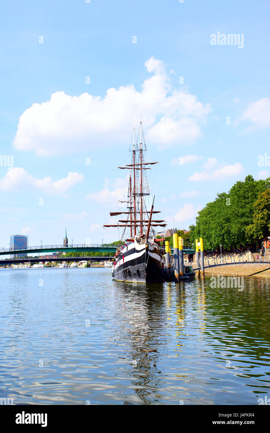 Old sailing ship on Weser river in Old town of Bremen, Germany Stock ...