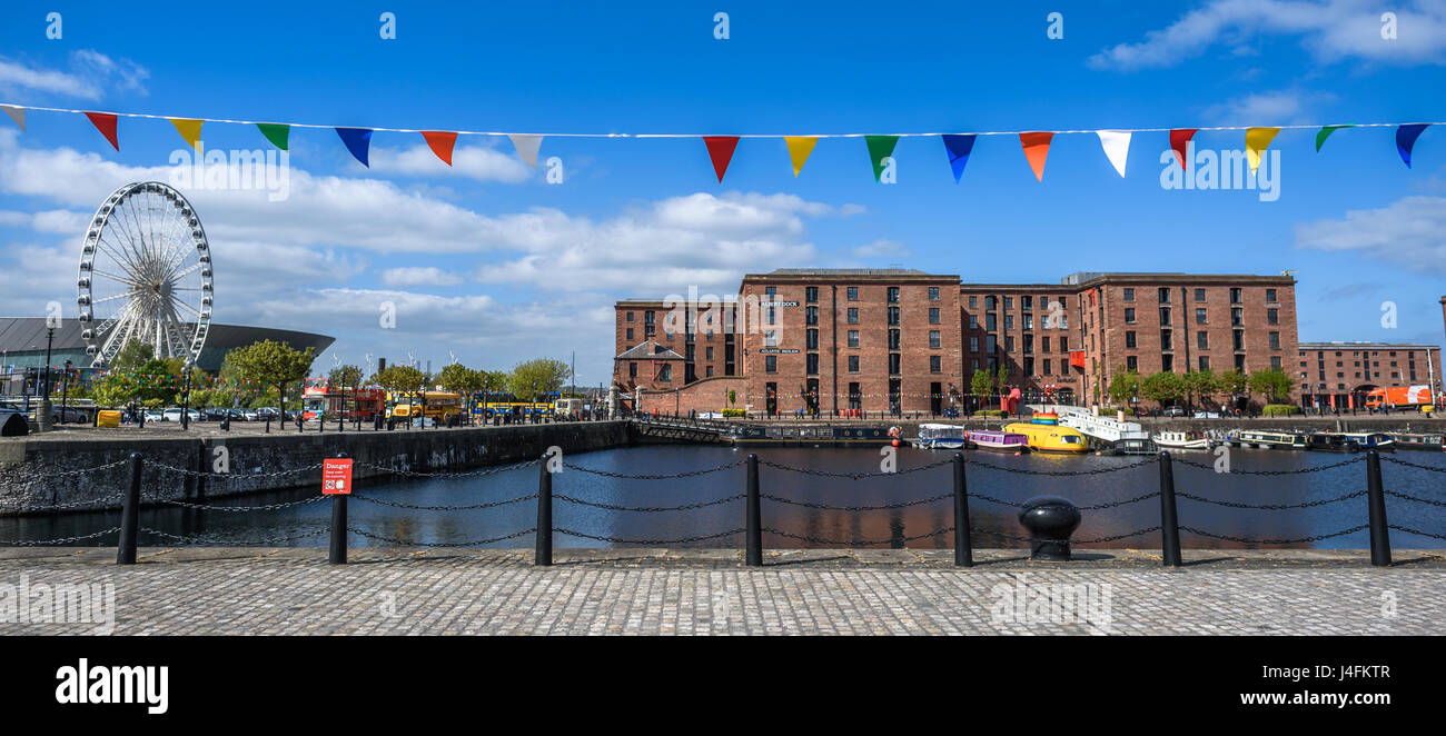 Albert Dock, Liverpool with summer bunting and big wheel Stock Photo ...