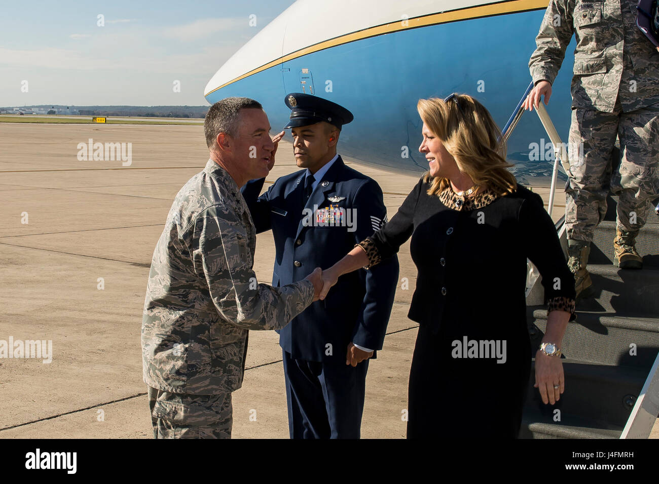 Secretary of the Air Force Deborah Lee James is greeted by Maj. Gen. Ed ...
