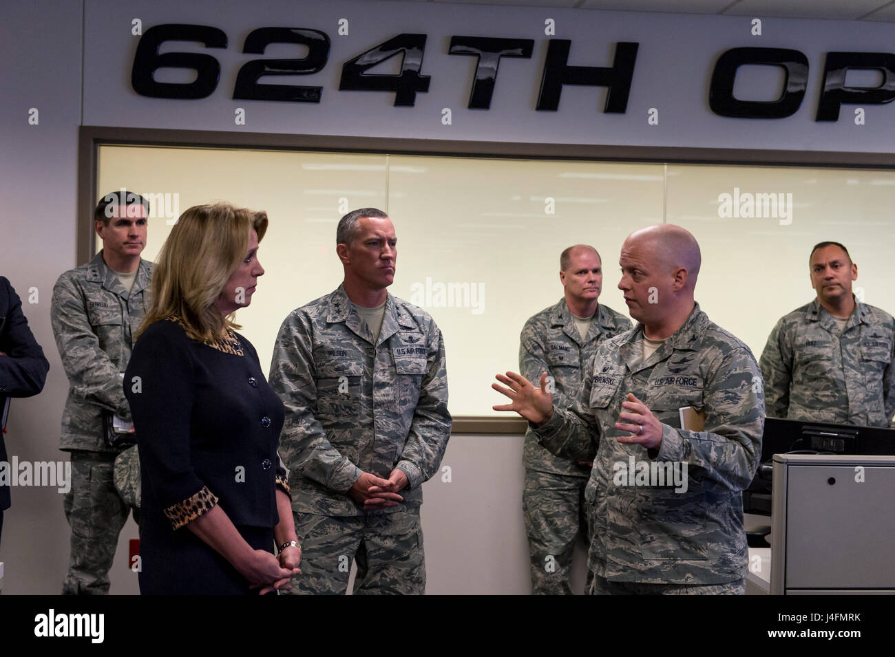 Secretary of the Air Force Deborah Lee James receives a briefing from ...