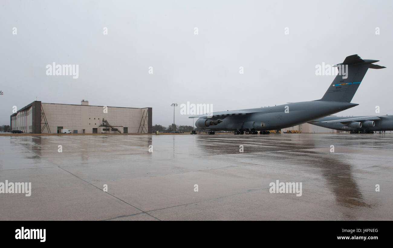 A C-5M Super Galaxy, operated by the 436th Airlift Wing, sits on the ...