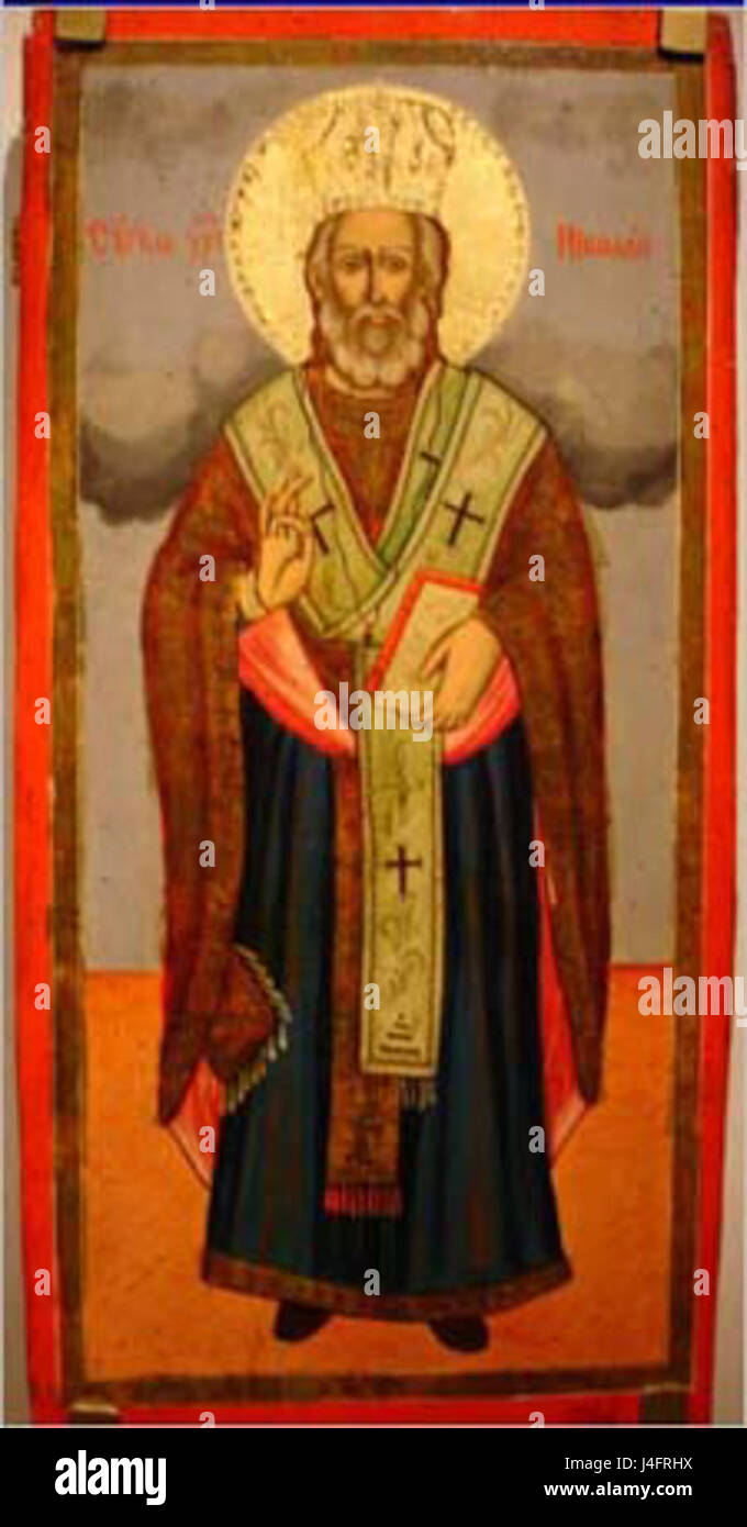 A 19th-century Russian icon depicting St. Nicholas of Myra. This religious artwork features the ...