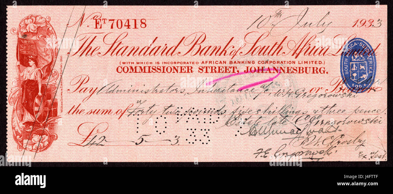Standard Bank of South Africa 1933 cheque with impressed duty stamp ...