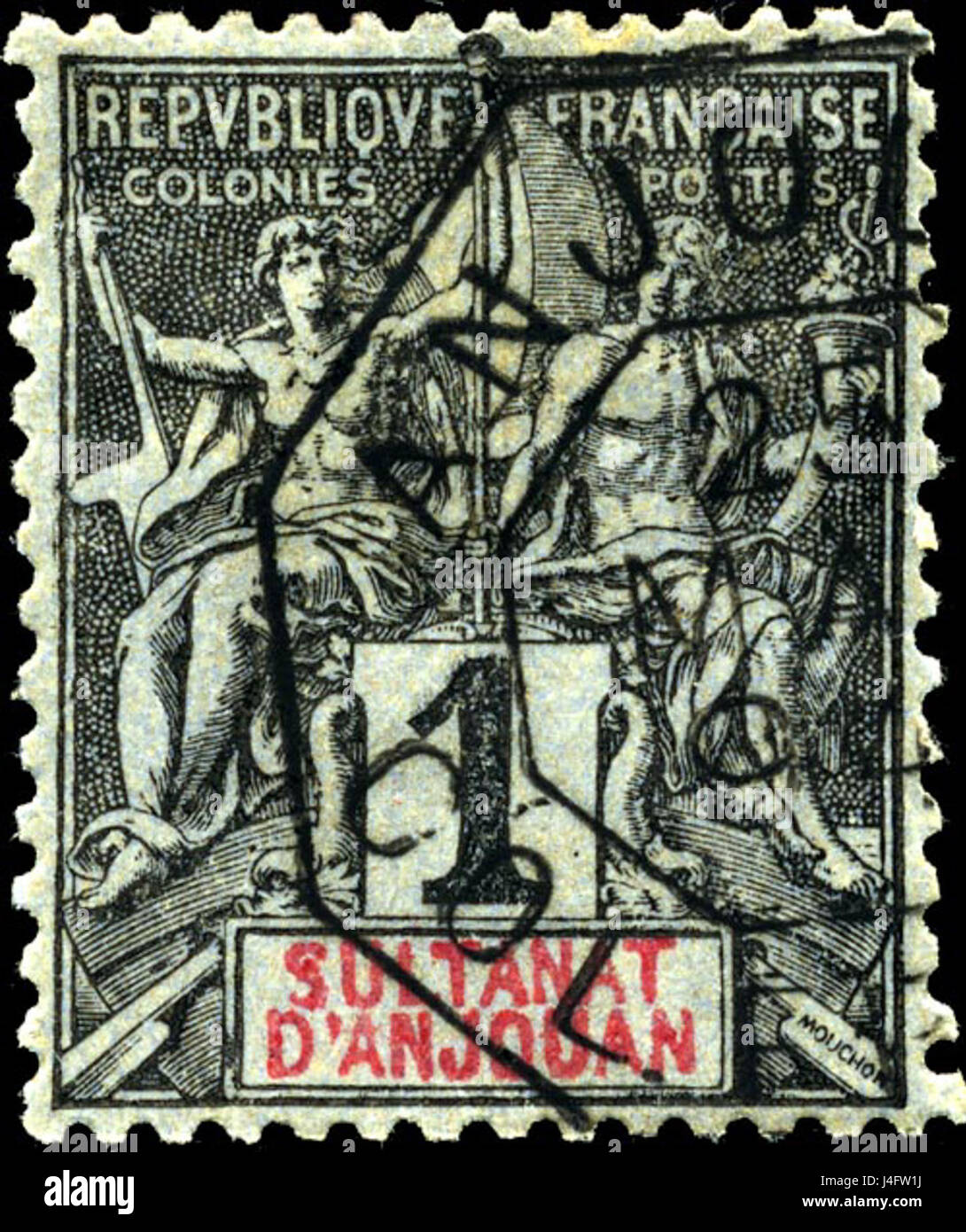 This stamp from Anjouan, dated 1892, features a 1-cent denomination and ...