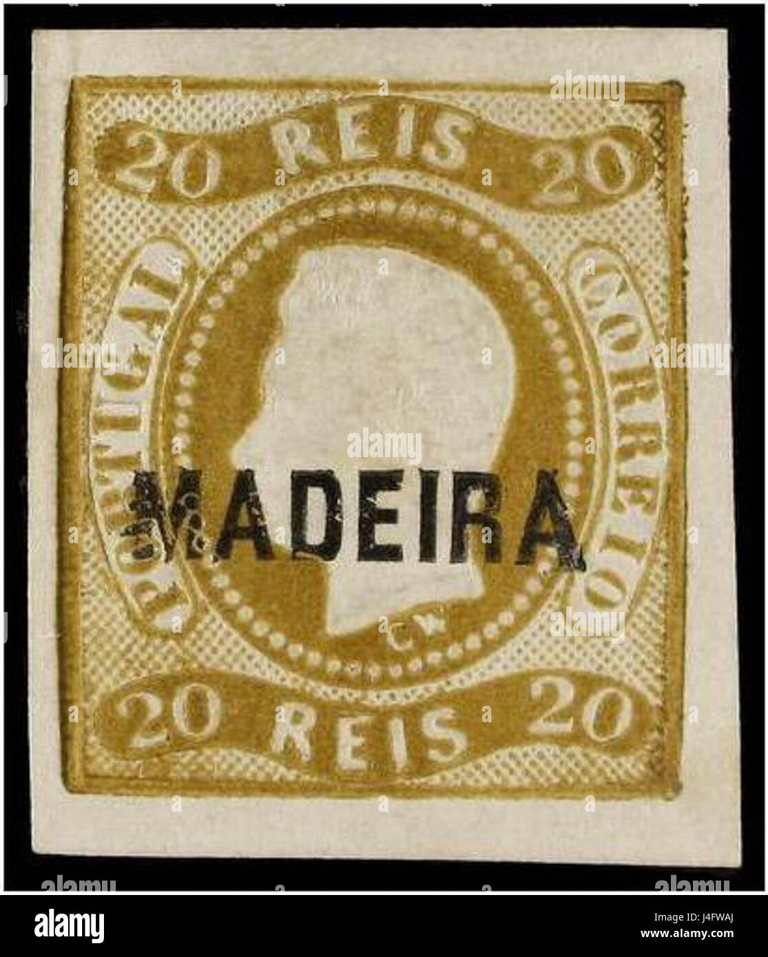 A rare 1868 Madeira stamp, featuring a 20r denomination. This stamp is ...