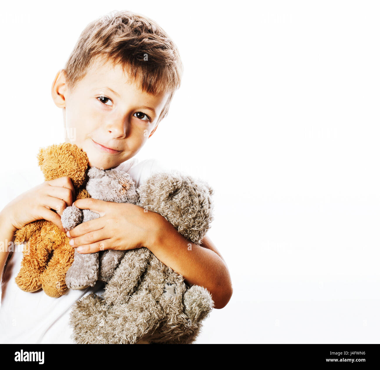 little cute boy with many teddy bears hugging isolated close up Stock ...