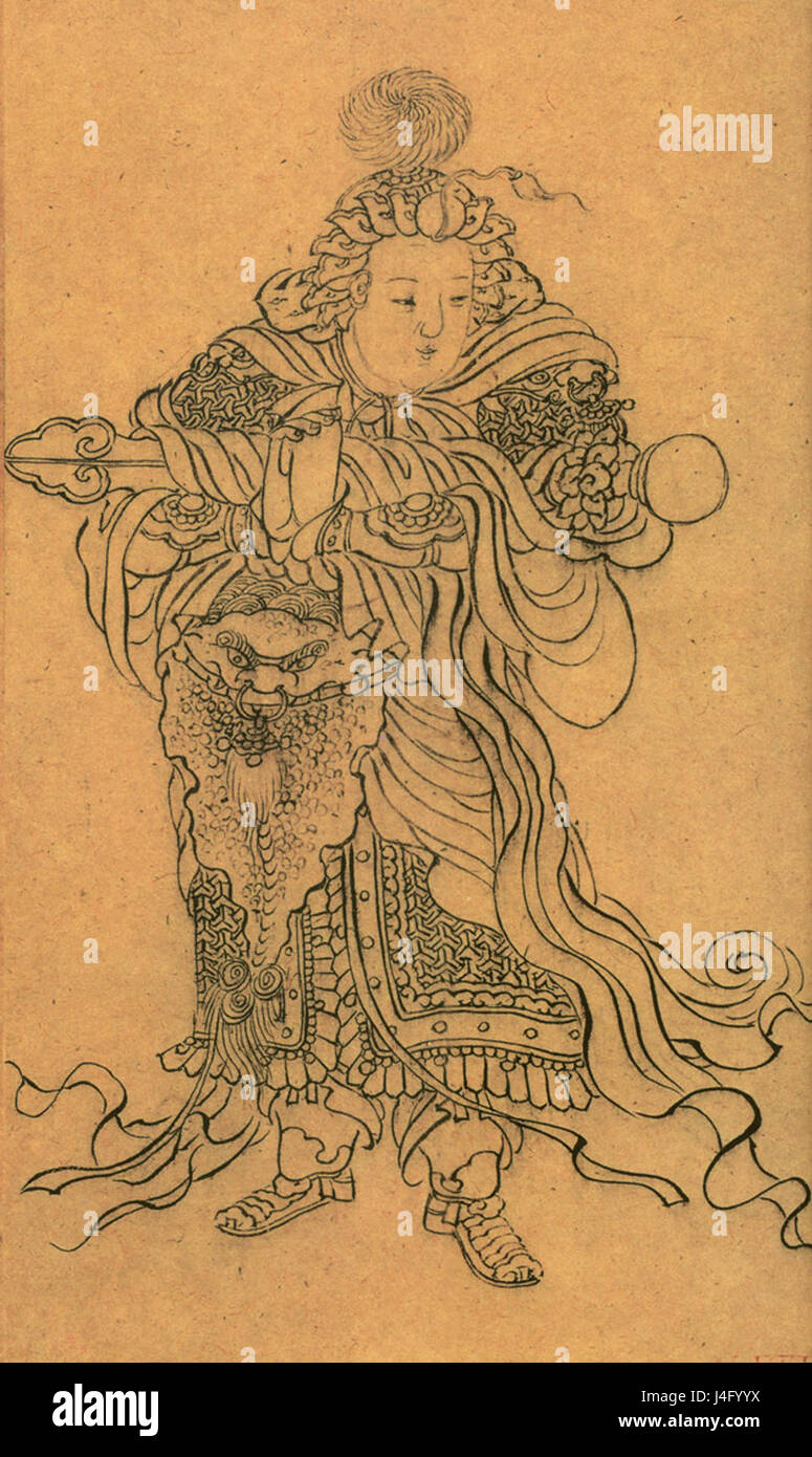 This detailed depiction of Skanda, a figure in Buddhist iconography ...