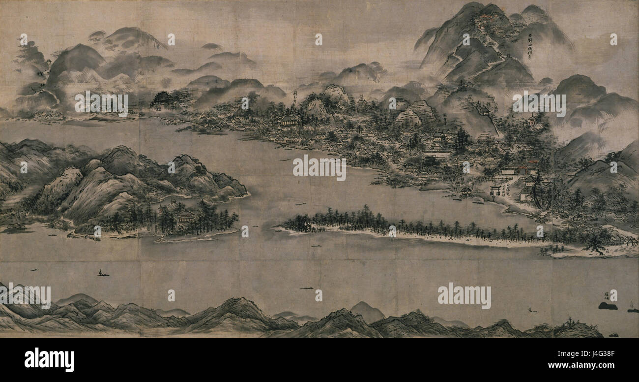This artwork by Sesshu depicts a scenic view of Ama no Hashidate, a ...