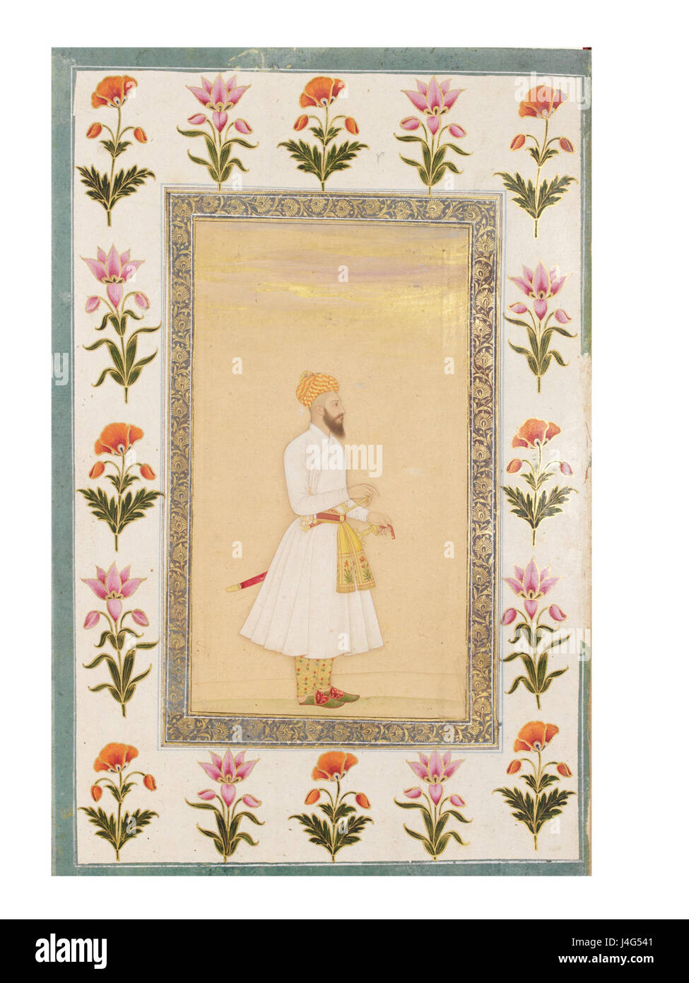 The standing figure of a courtier likely refers to a depiction of a ...