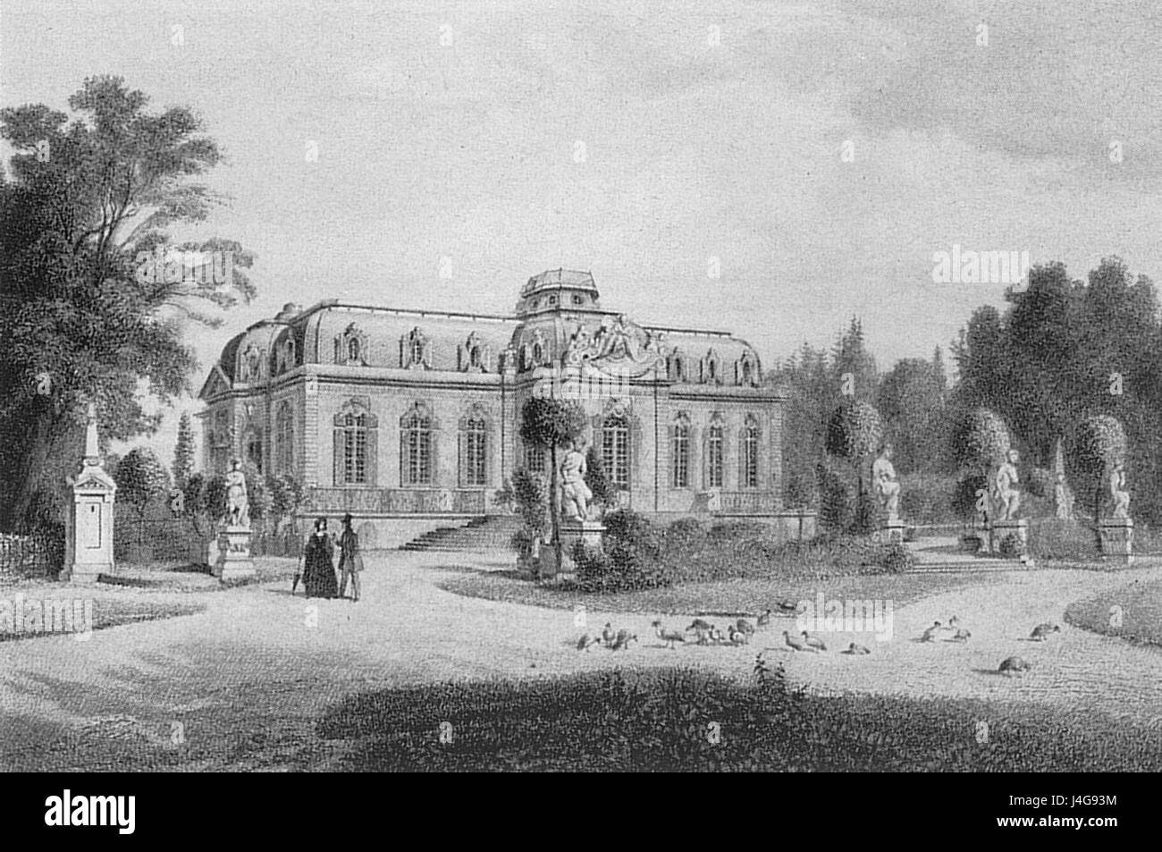 This refers to a historical steel engraving of Schloss Benrath, an 18th ...