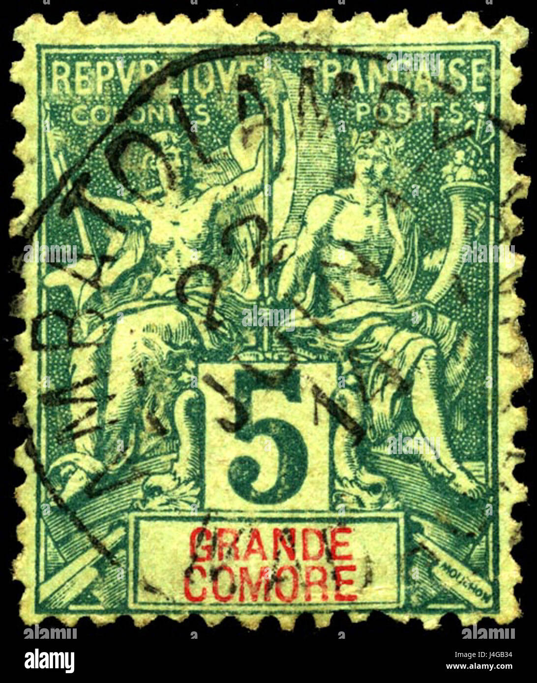 The 1897 5-cent stamp from Grand Comoro features historical imagery or ...
