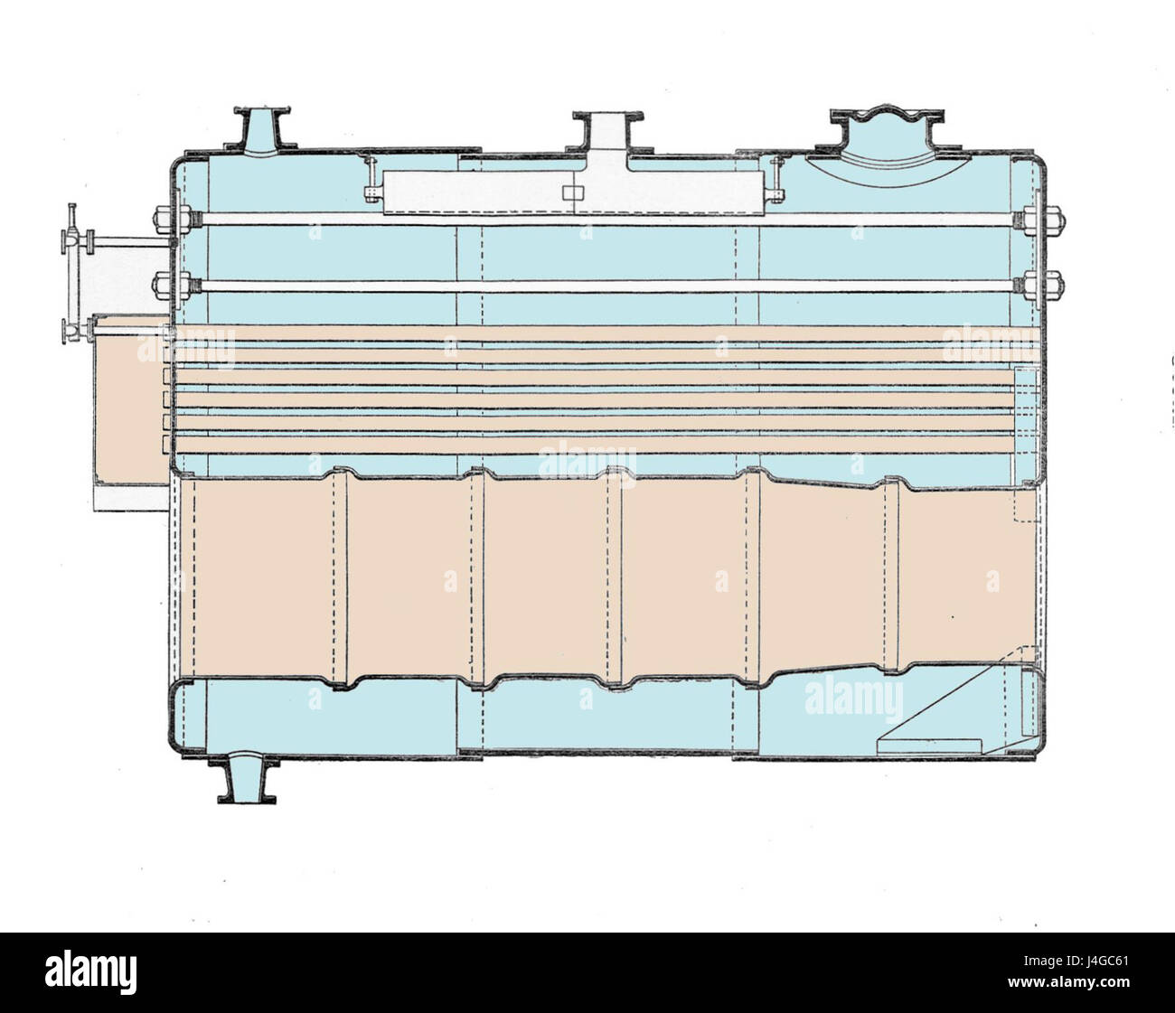 Scotch marine boiler, dryback, section, coloured (Rankin Kennedy ...