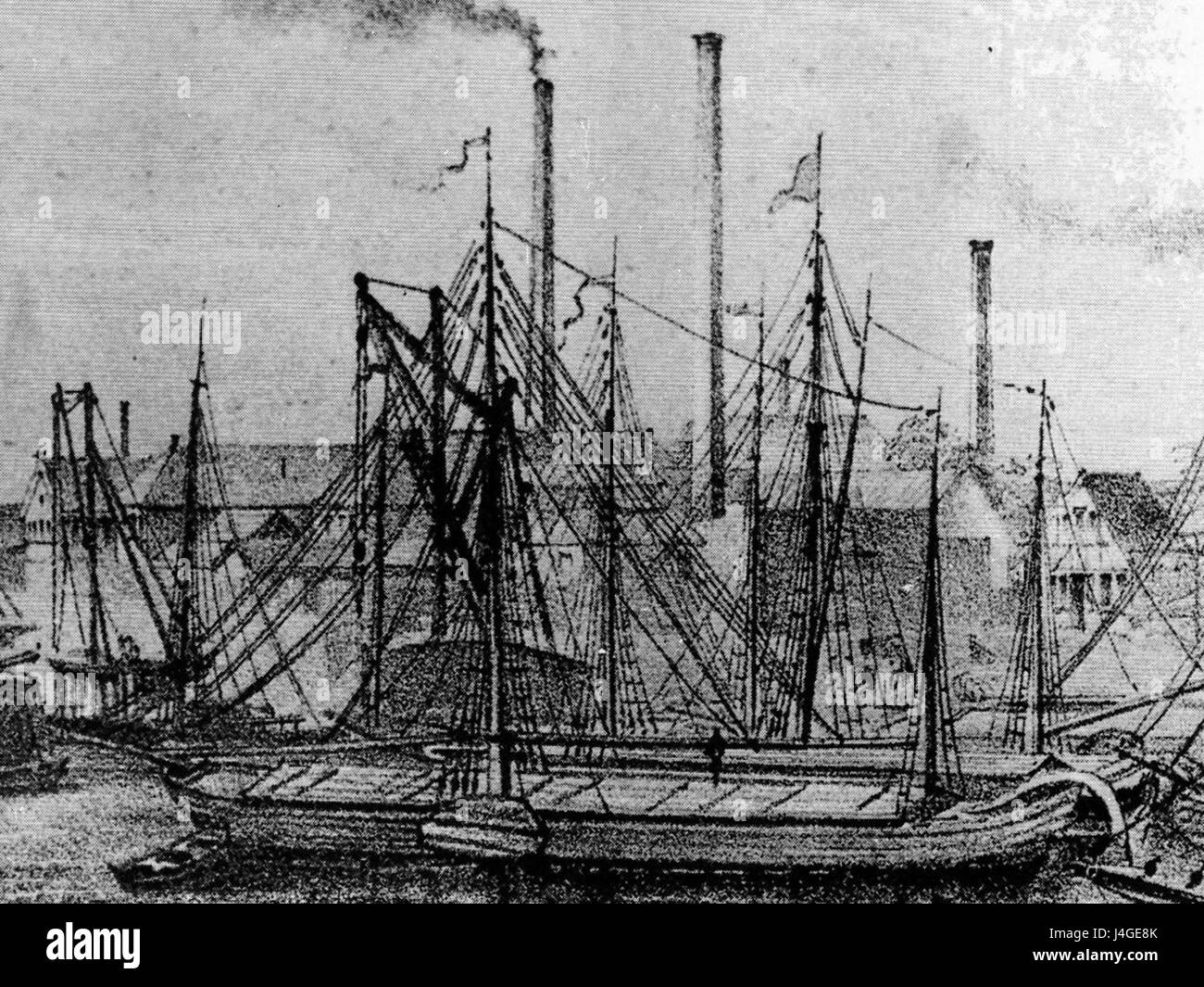 Ruhrschiff um 1870 depicts a steamship on the Duisburg Harbor in the ...