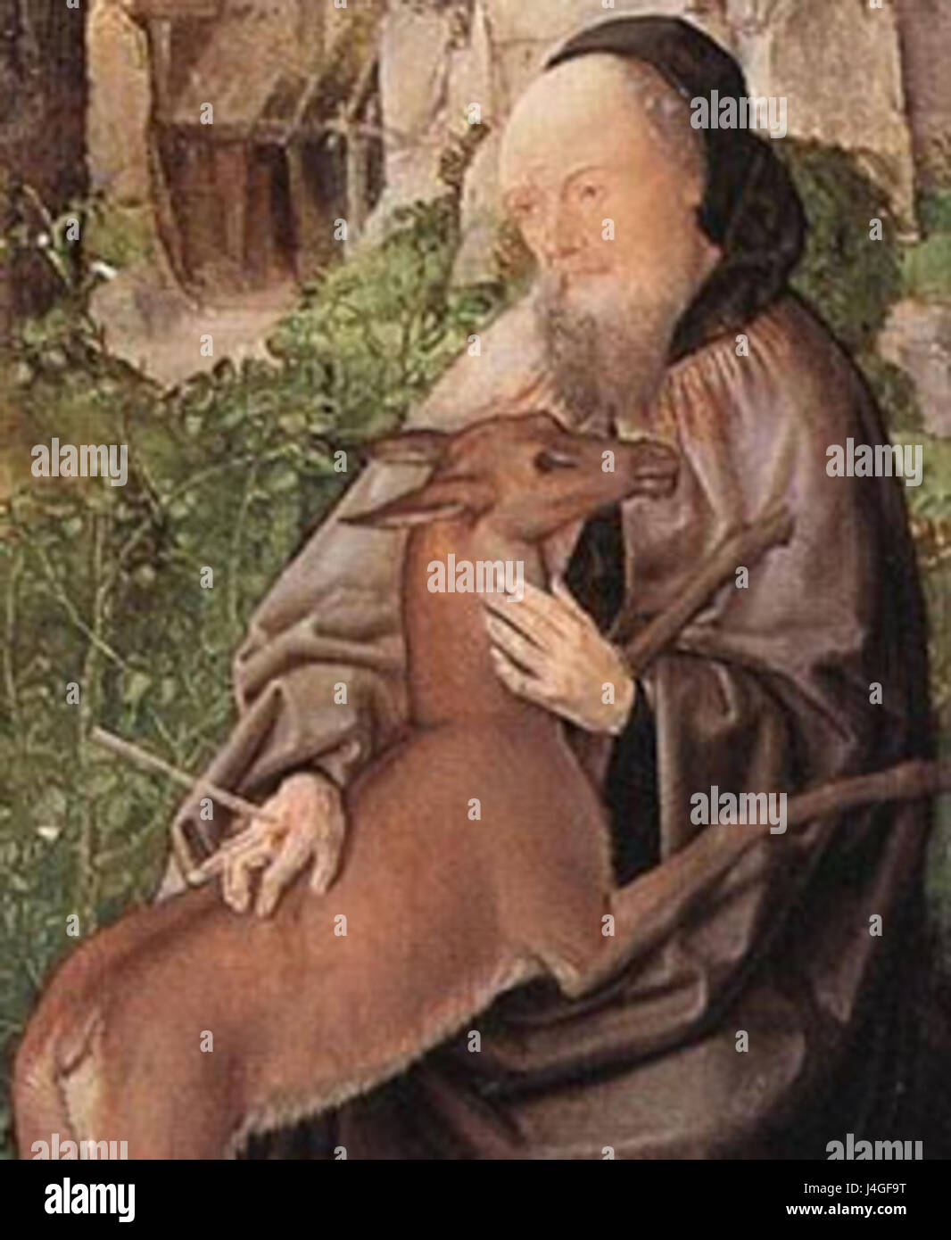 A close-up image of Saint Giles, a revered Christian saint known for ...