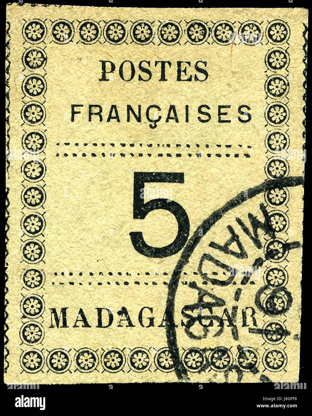 This 1891 postage stamp from Madagascar features the 5-cent ...
