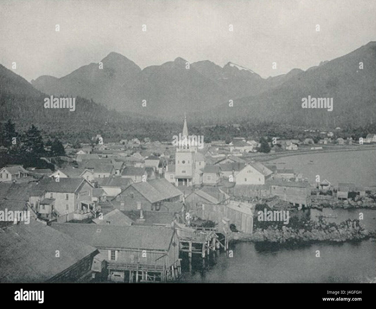 This image captures a bird's-eye view of Sitka, Alaska, in 1891, showcasing the town's ...