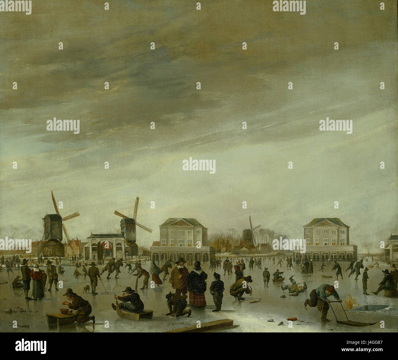 'De blokhuizen in de Amstel bij winter' is a painting depicting the ...