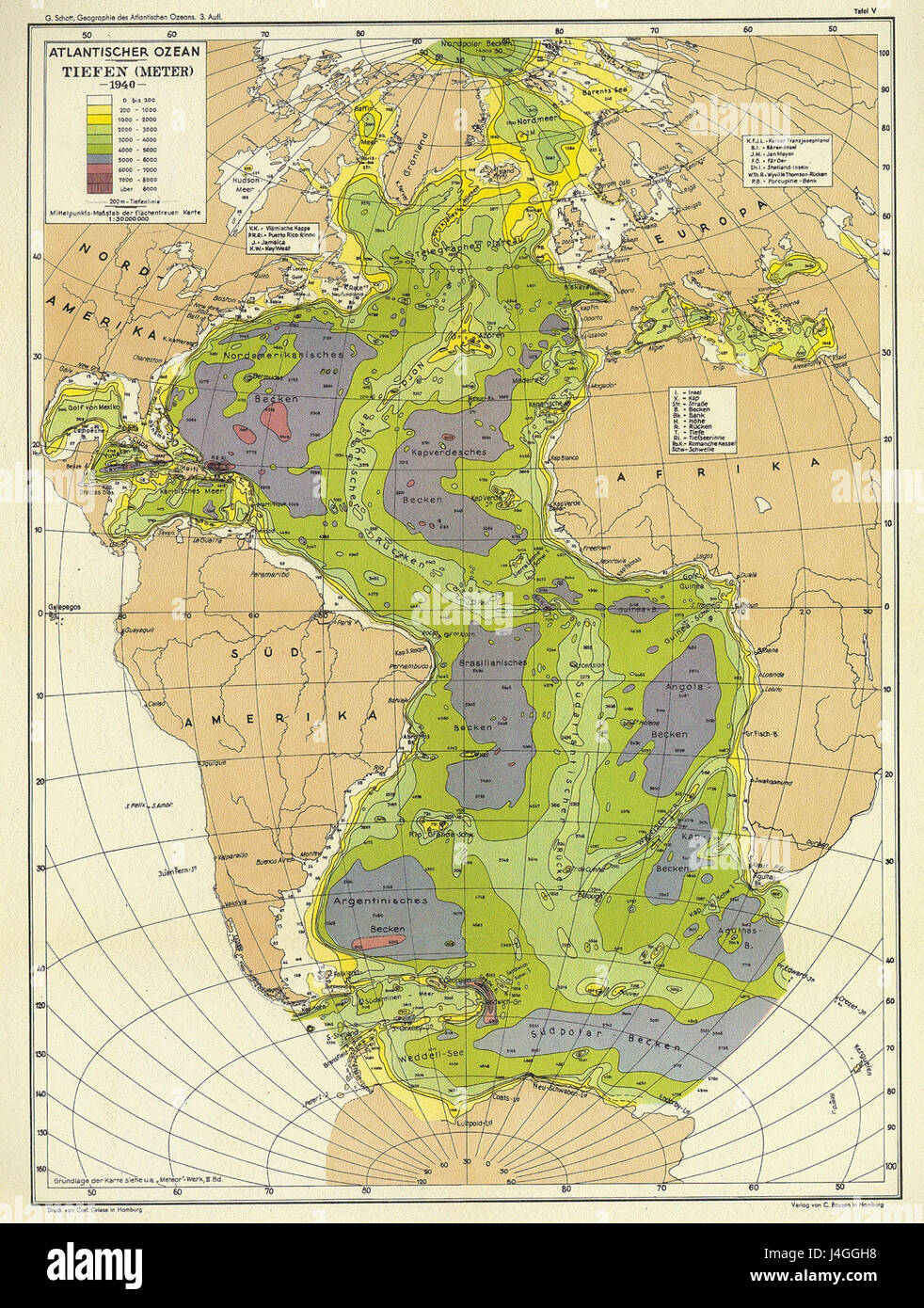 A map from 1940 by Schott, depicting the Atlantic Ocean. The map ...