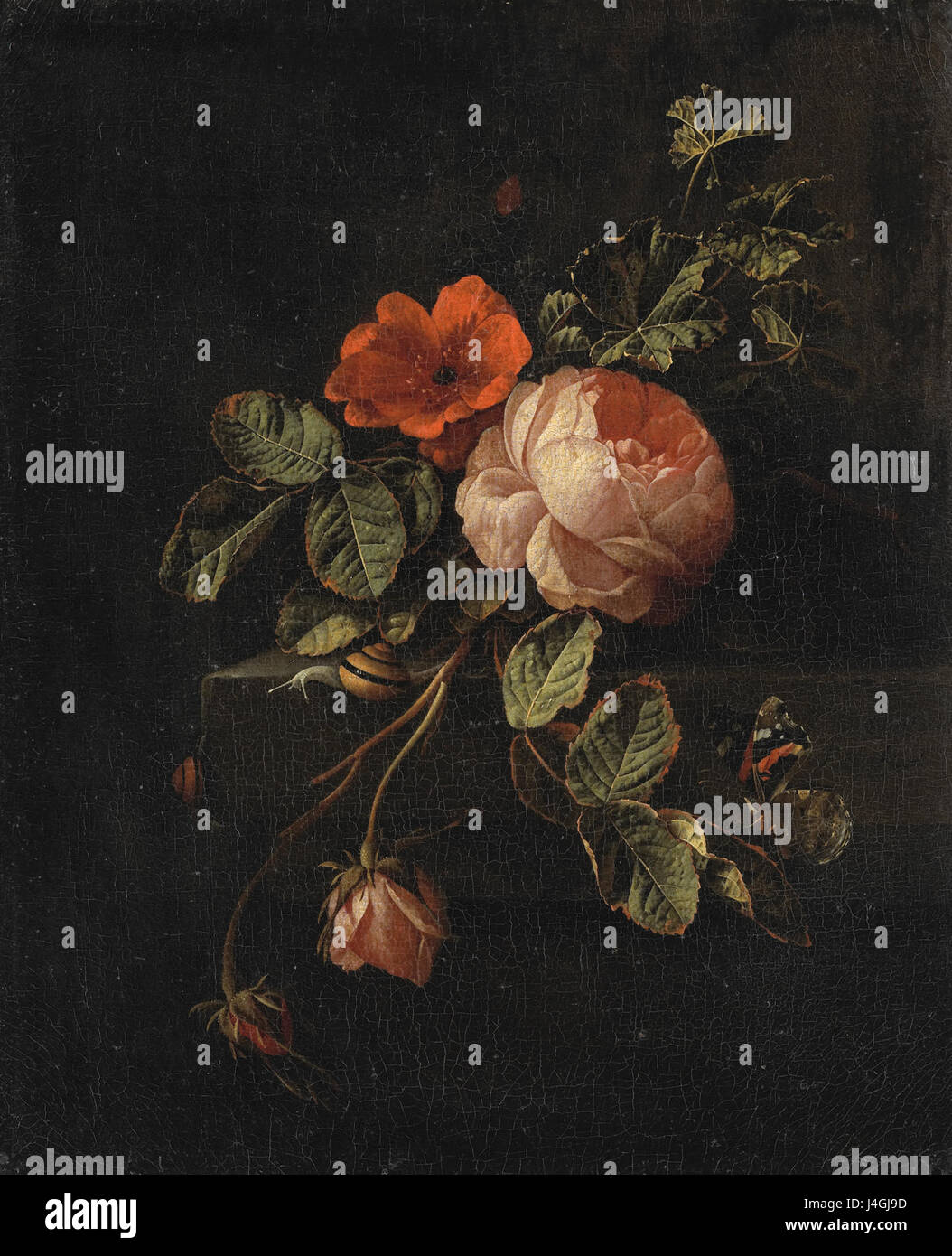 The still life painting 'Stilleven met rozen' depicts roses, showcasing the Dutch mastery of the ...