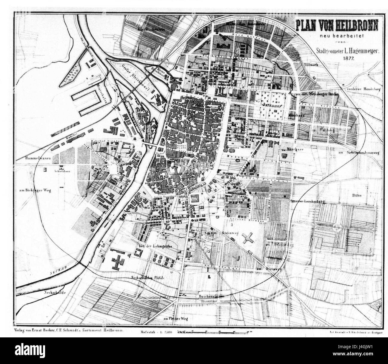 This is a city map of Heilbronn from the year 1877. It offers a ...