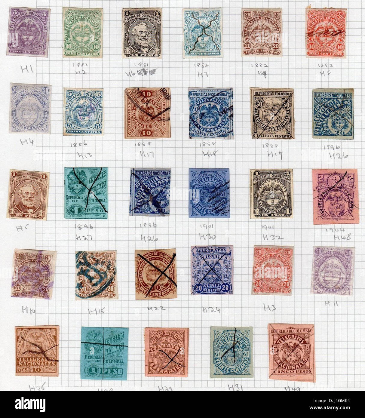 A collection of telegraph stamps from Colombia, used for telegraphic ...