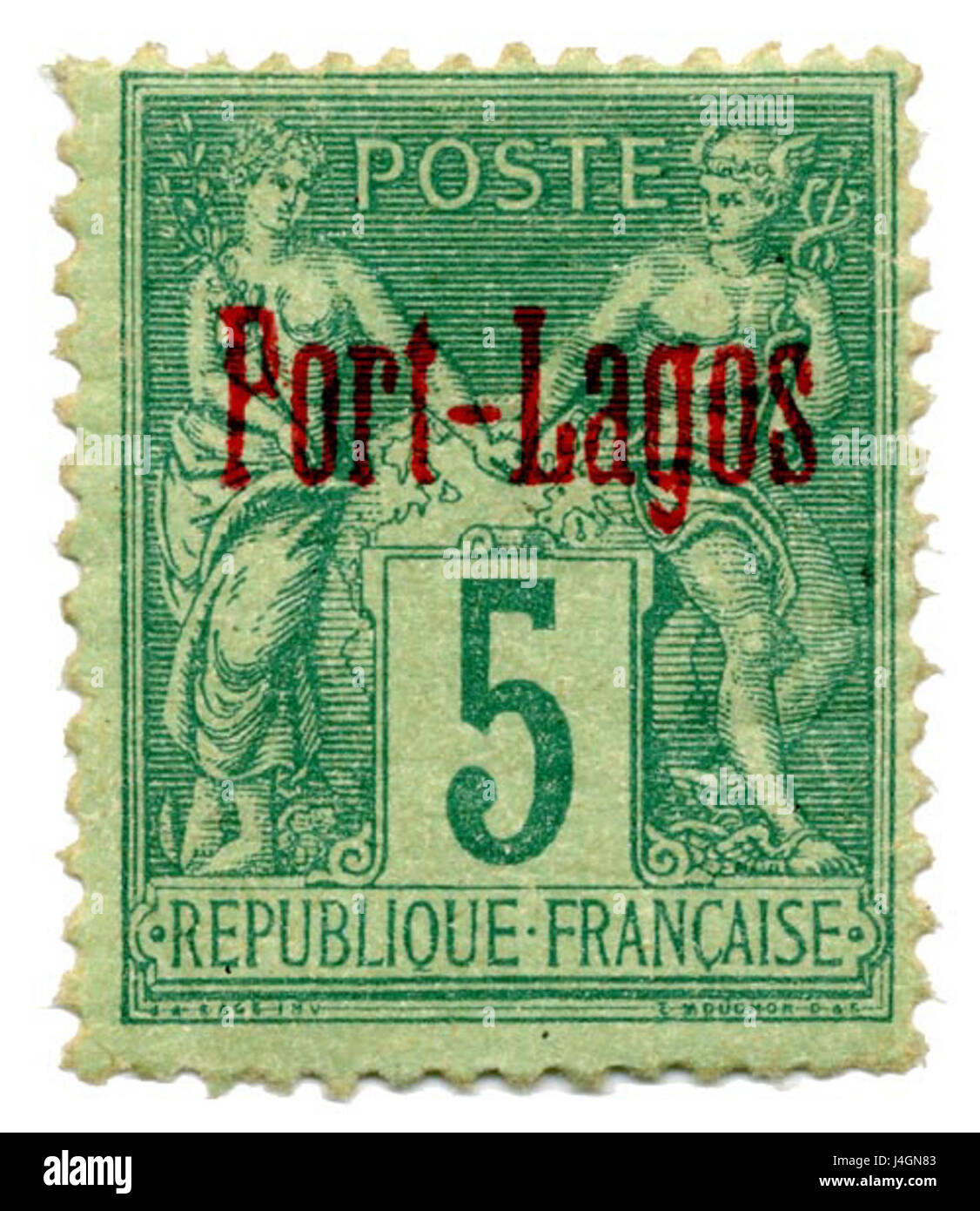 The French postal stamp from 1893 depicts the Port Lagos area and is ...
