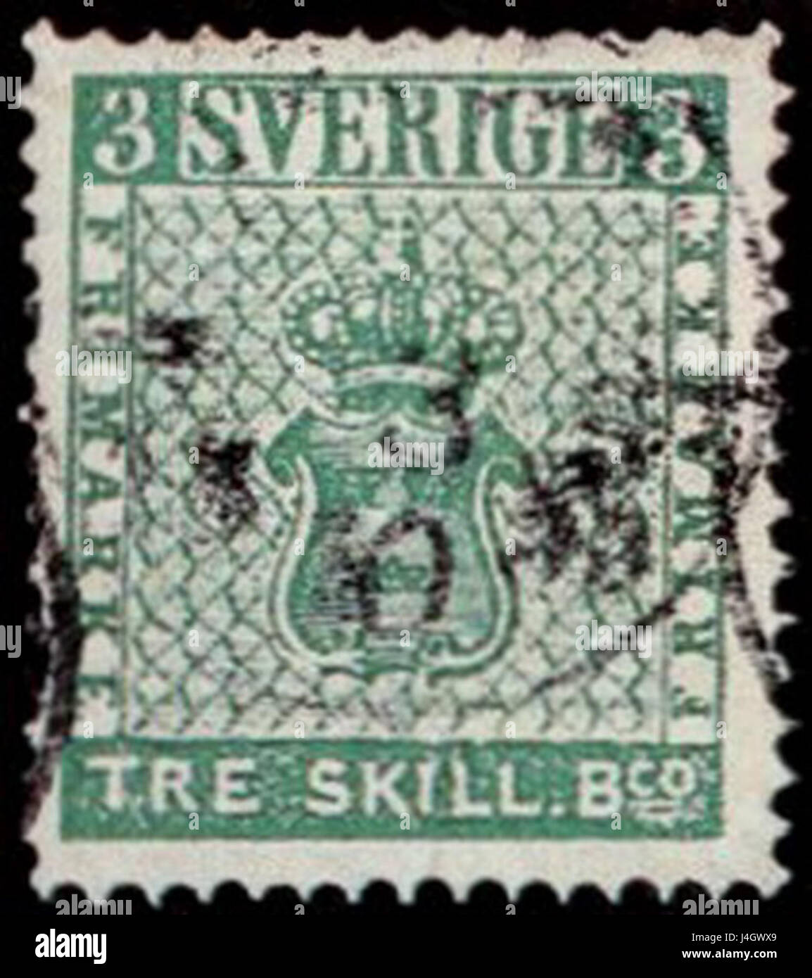 The 'Tre Skilling Banco' stamp from Sweden, printed in the 19th century ...