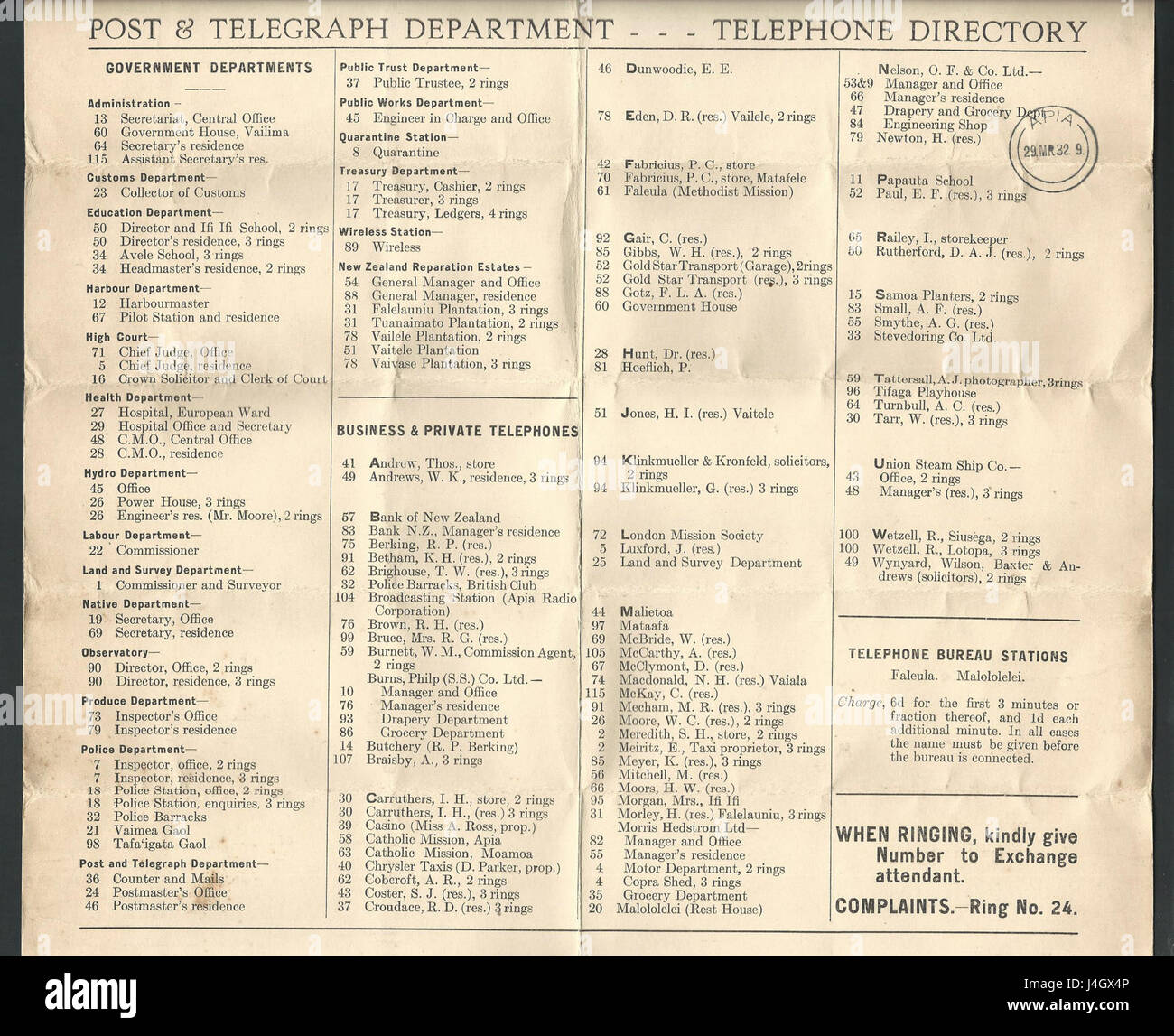 Samoa Telephone Directory 1932 Stock Photo - Alamy