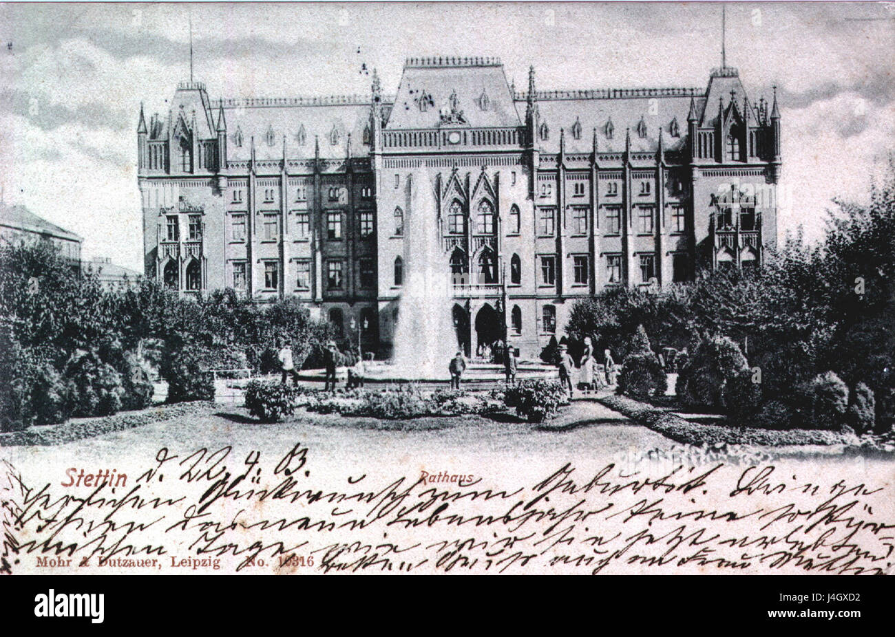 This image depicts the Rathaus (Town Hall) in Stettin, Germany, as it ...