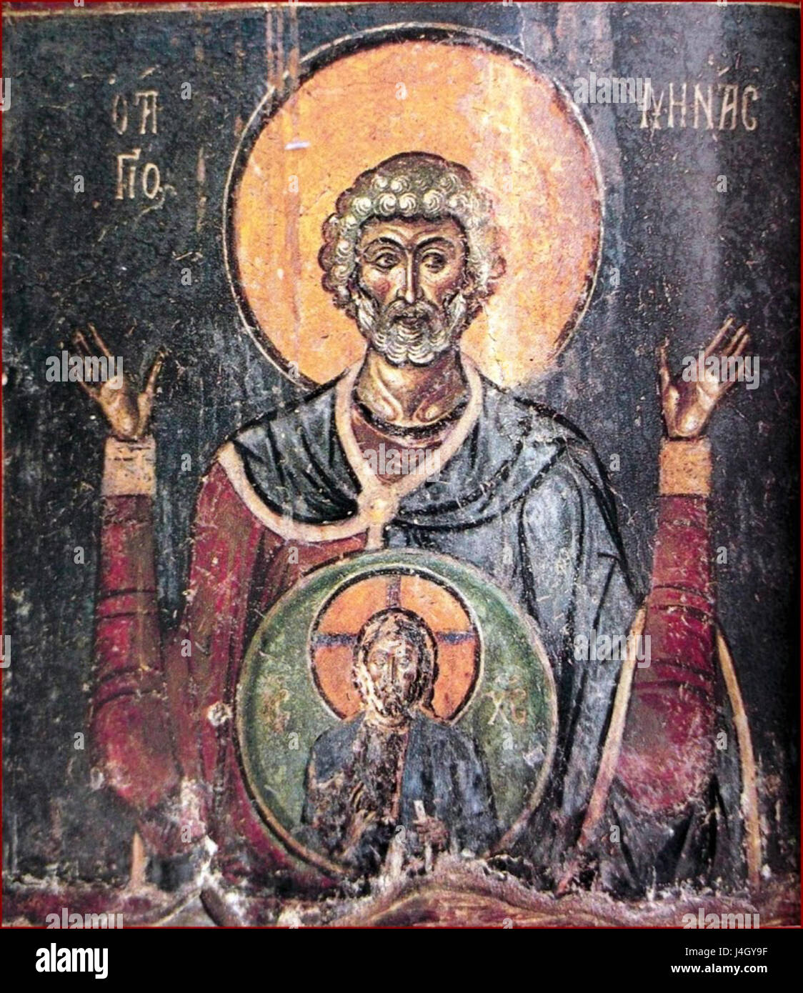 The fresco of Saint Minas in the Saint Nicholas Church in Kasnitzi is a ...