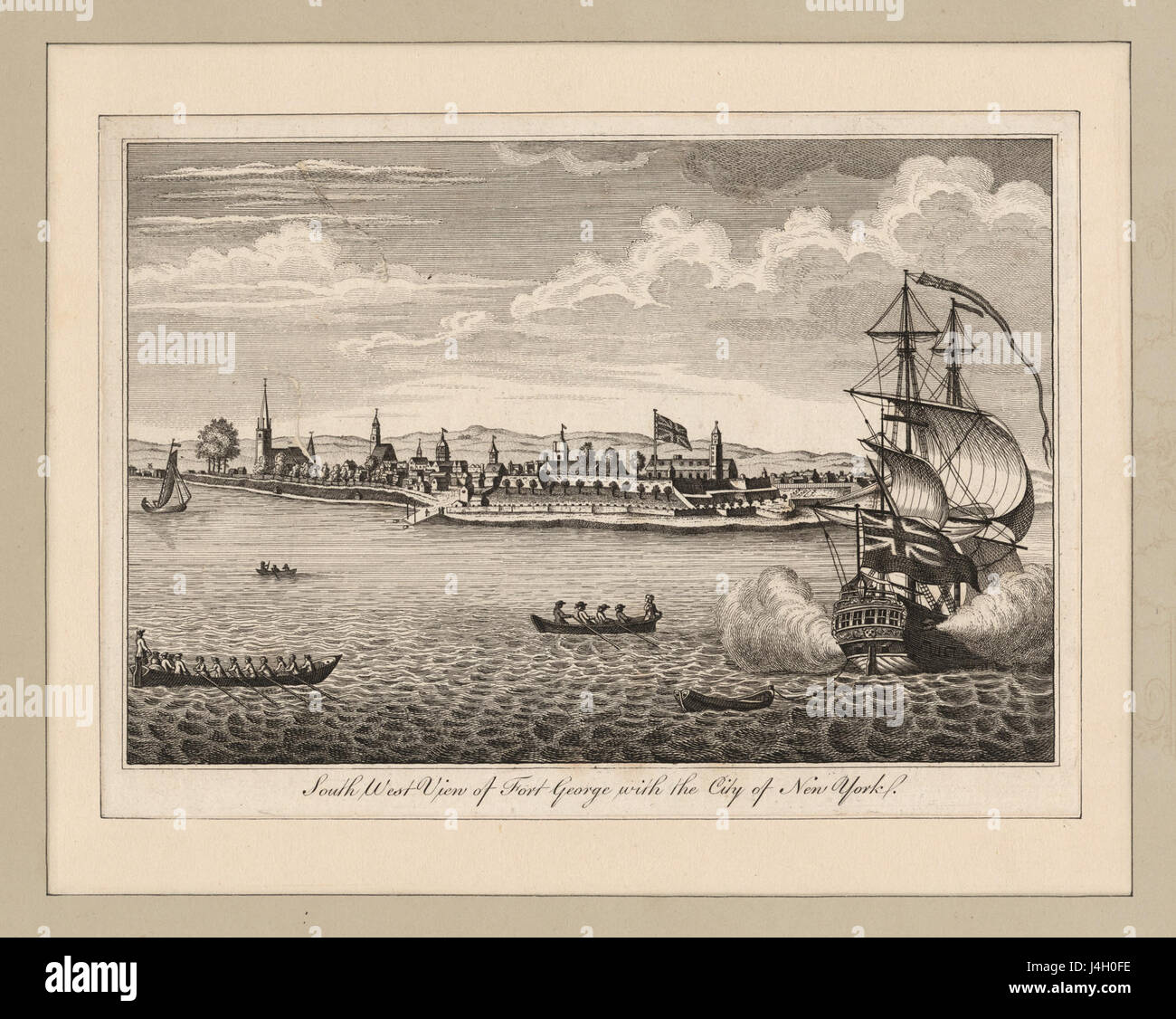 This historical image shows a southwest view of Fort George, located in ...