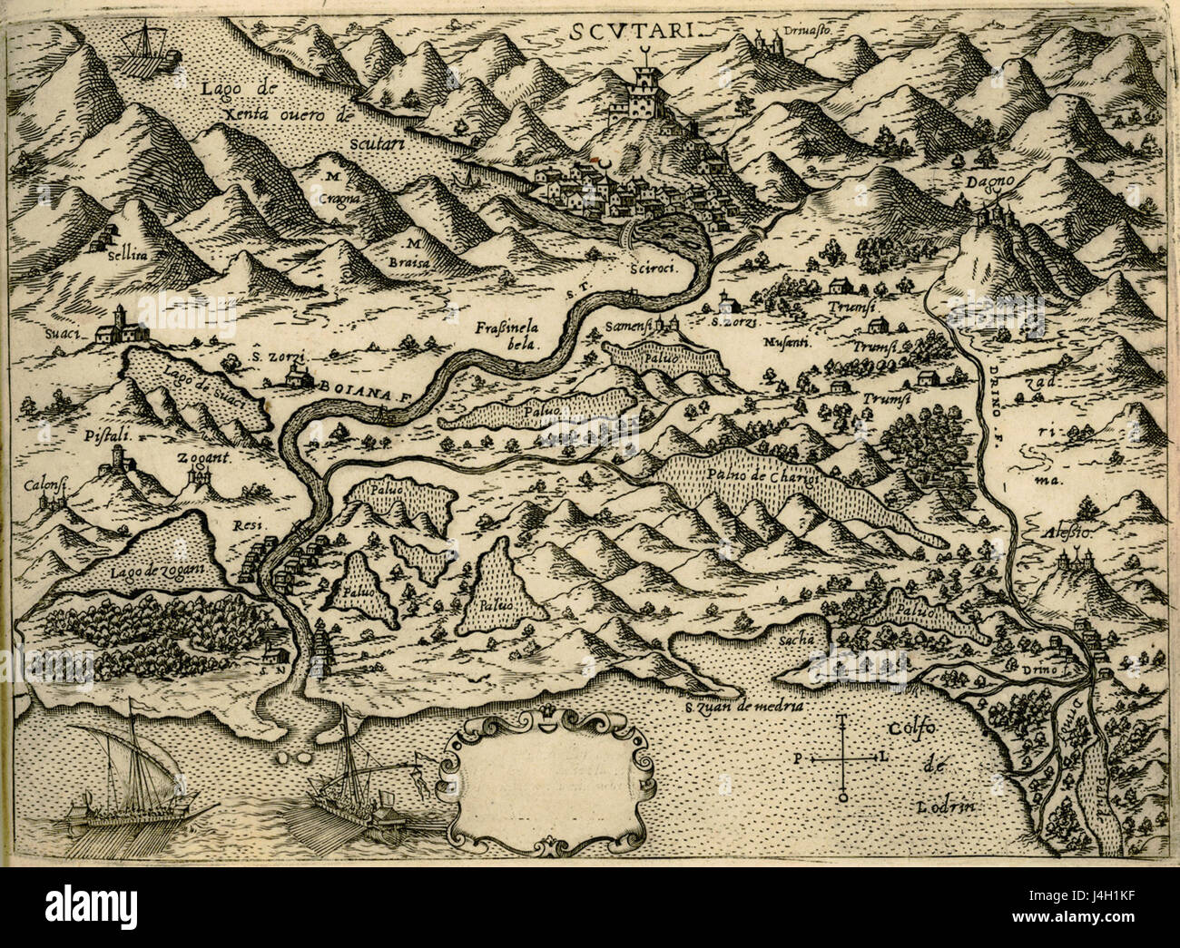 The 1574 map by Giovanni Francesco Camocio depicts the town of Scutari ...
