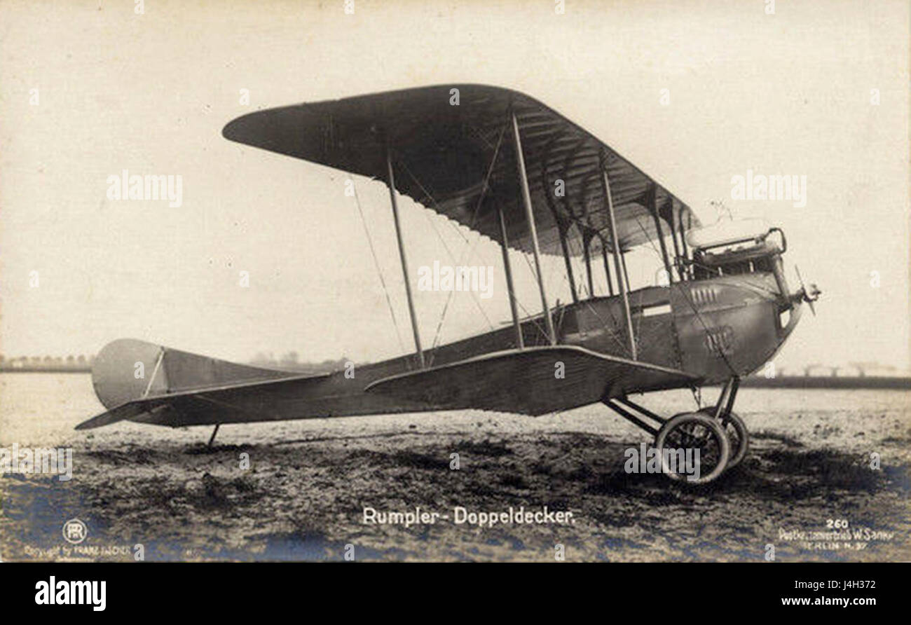 This image shows a postcard featuring a Rumpler Doppeldecker, a type of ...