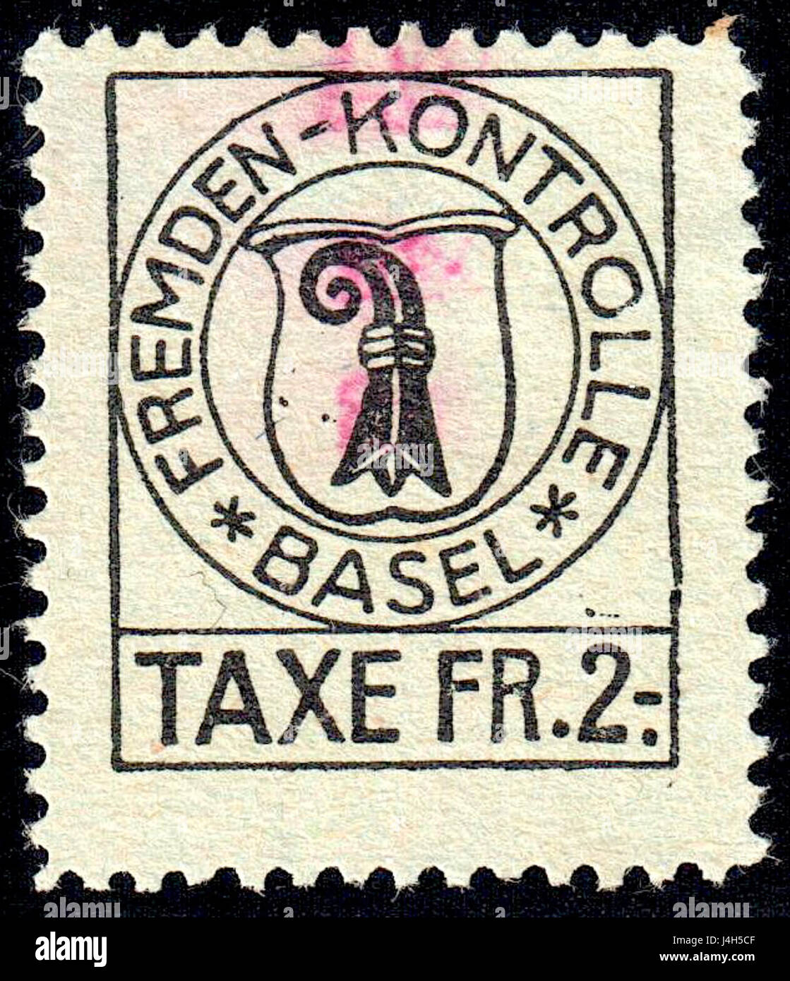 A 1927 Swiss police revenue stamp from Basel with a 2Fr denomination ...