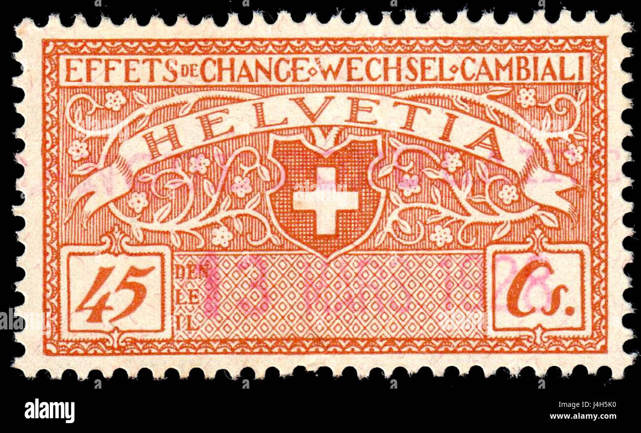 A 1920 Swiss federal revenue stamp, denomination 45 centimes, type 32A ...