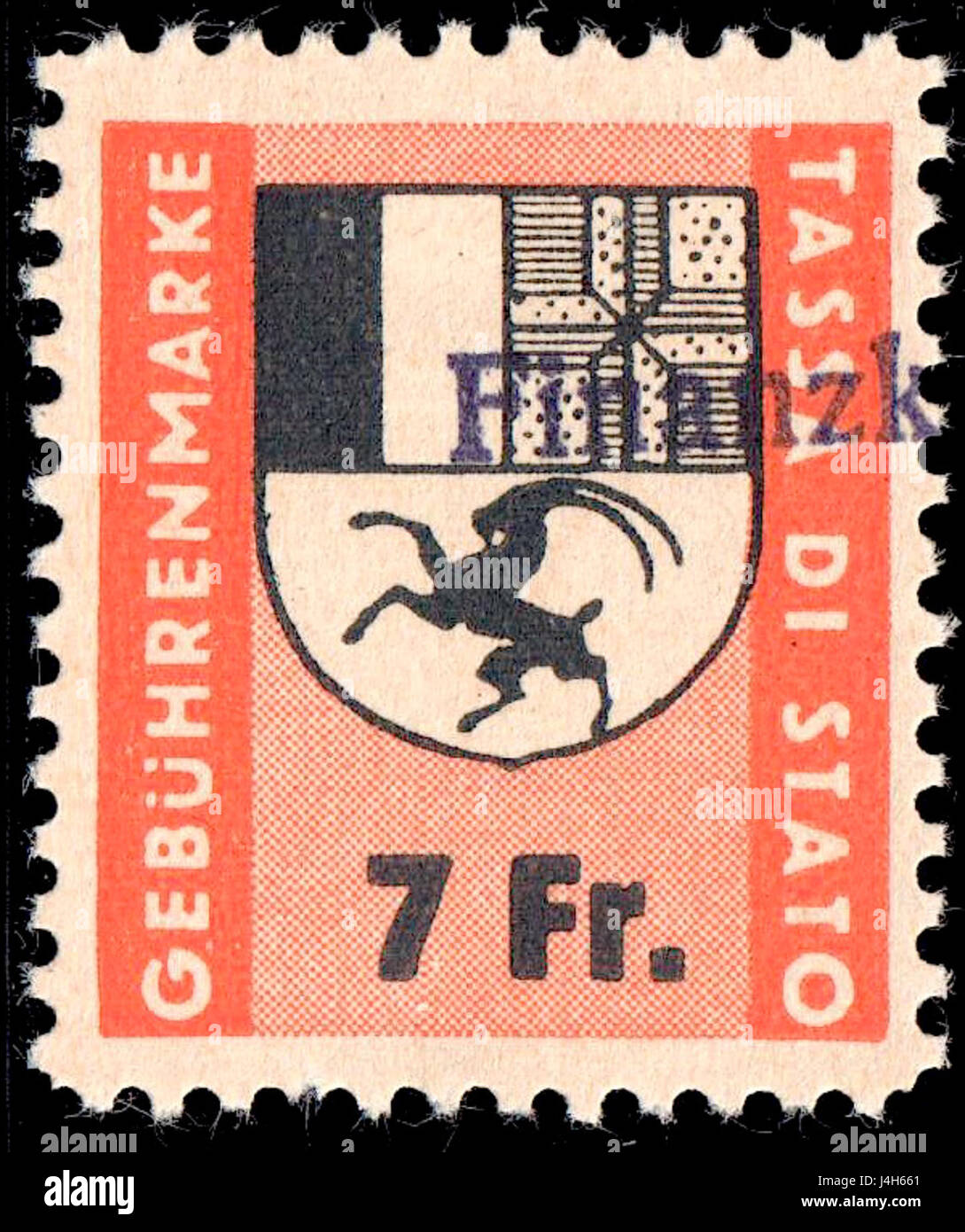 This refers to a Swiss 7 Franc (7Fr) revenue stamp issued in 1943 by ...