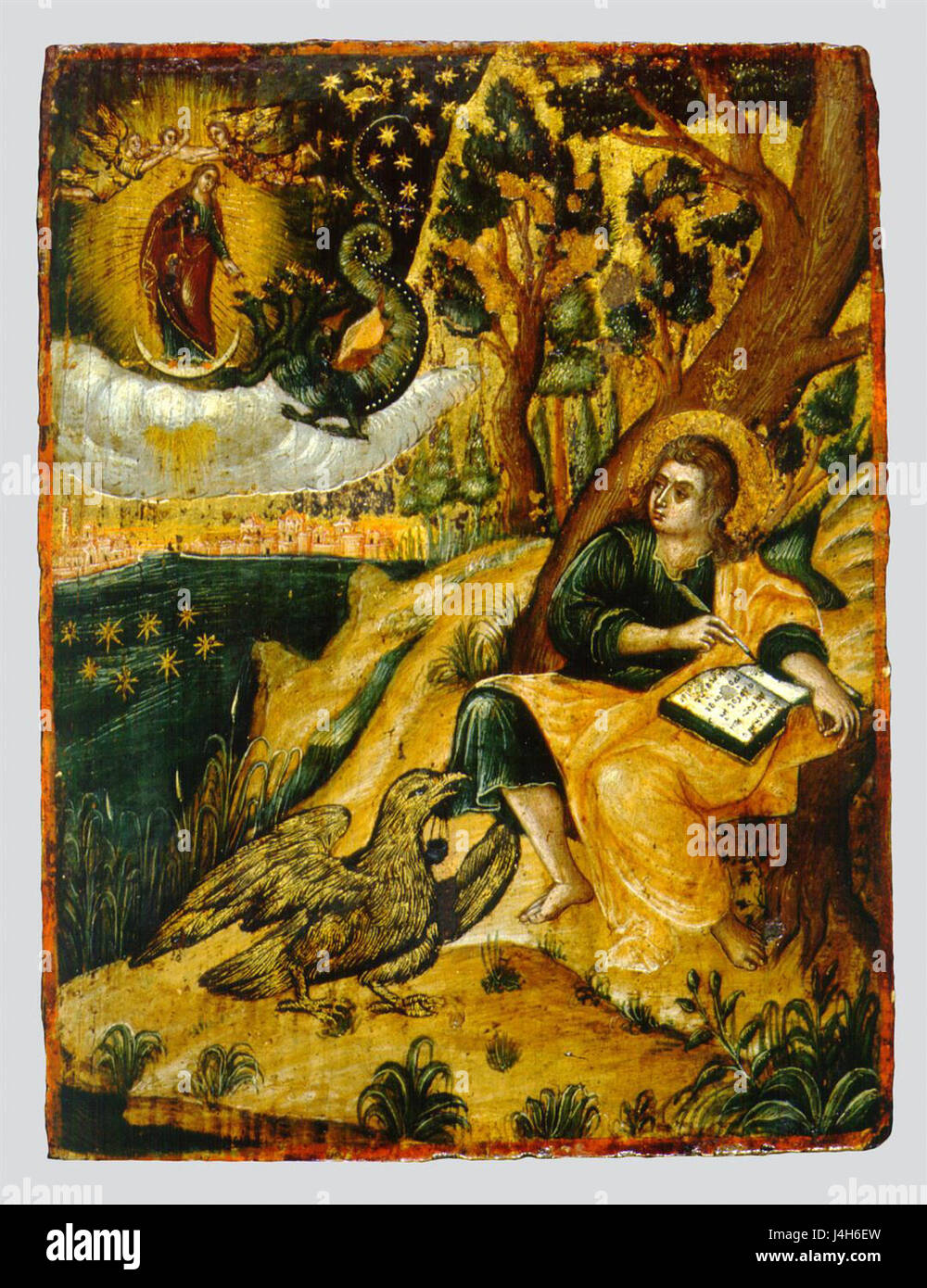 The artwork depicting St. John the Theologian writing the Book of ...
